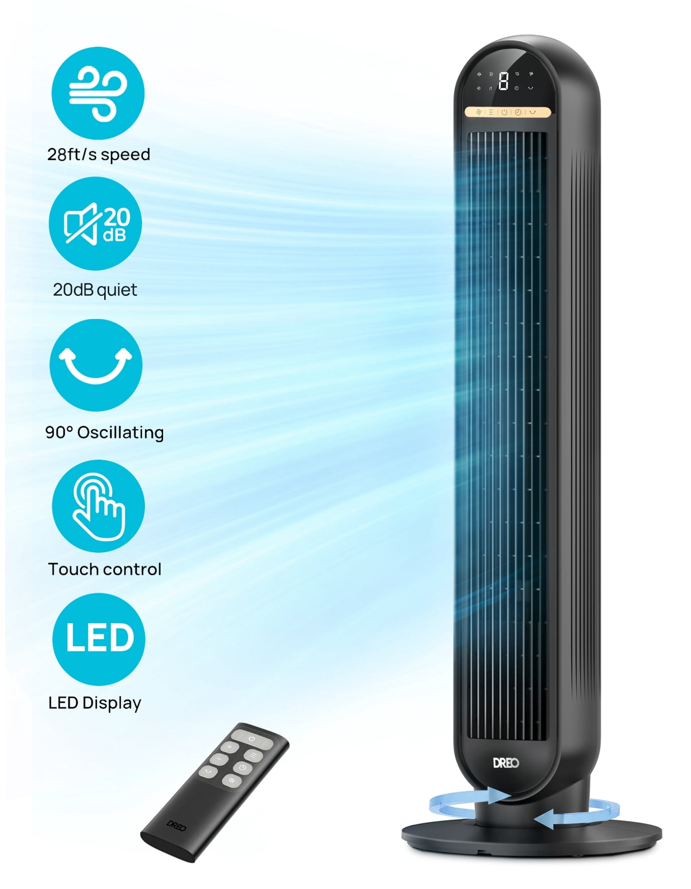 DREO Tower Fan, 36 inch Standing Fan with Remote, 90¬∞ Oscillation, LED ...