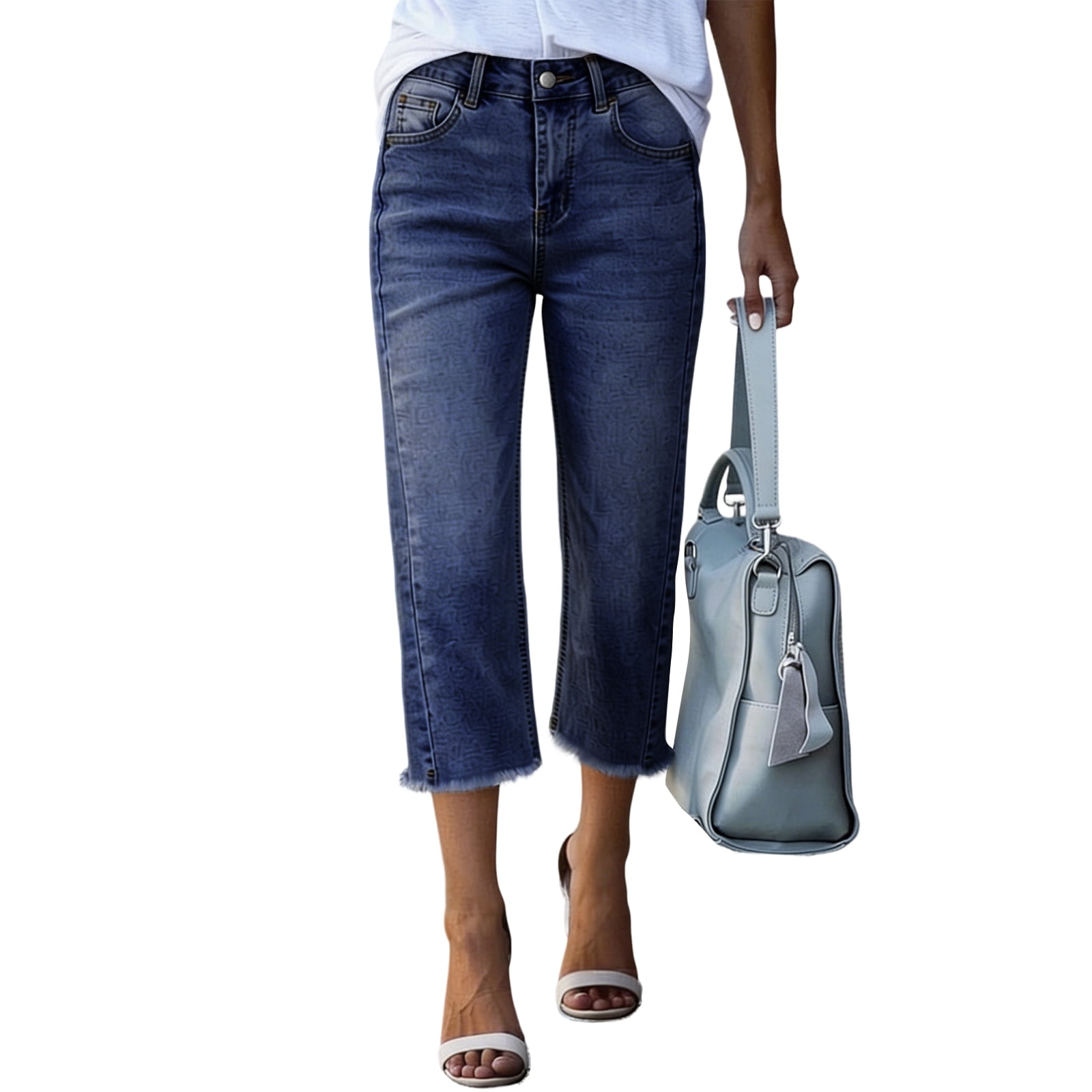 Dresfit Capri Jeans for Woman High Waisted Frayed Ripped Petite Pants ...