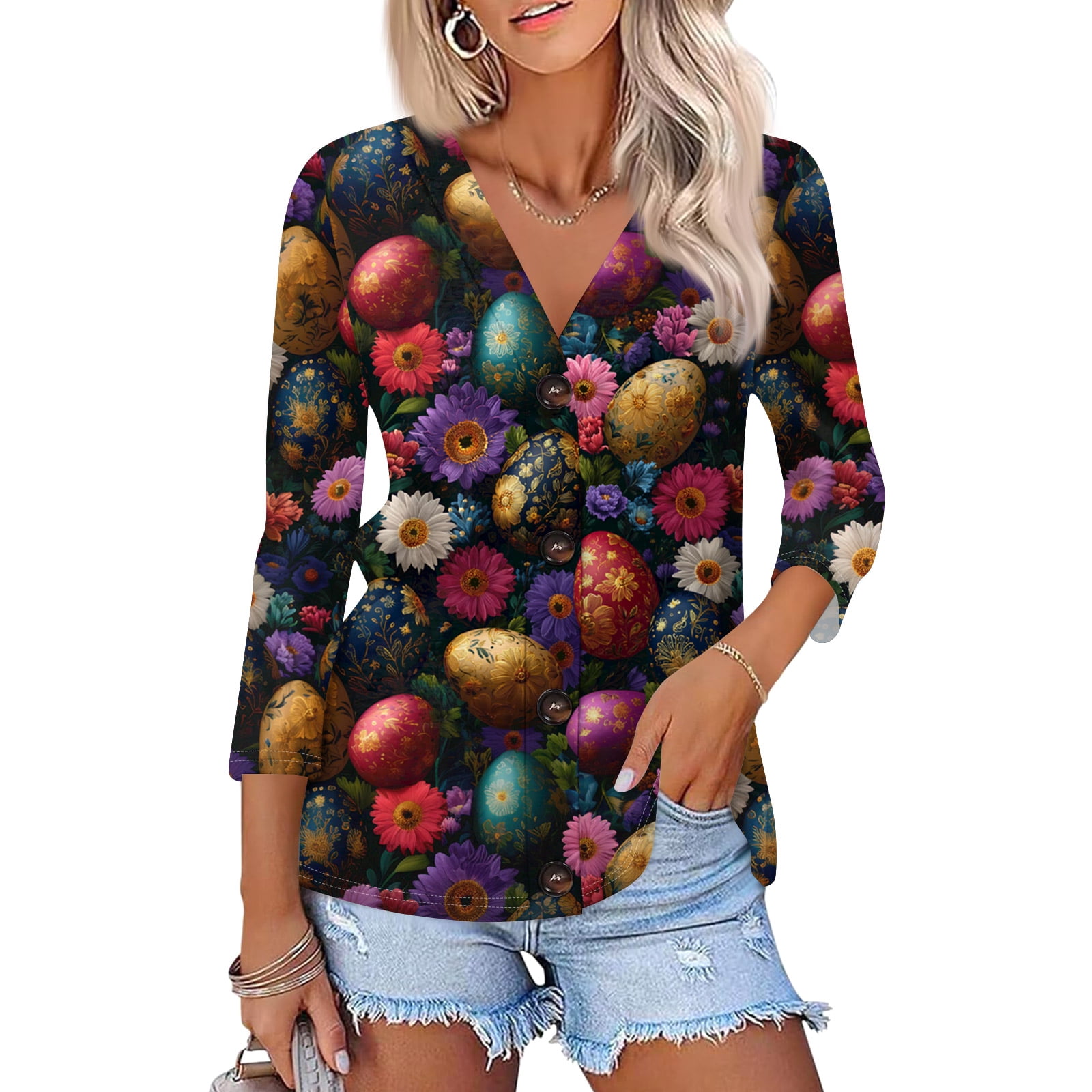 Dresfit Easter Shirts Women 2026 Baggy 3/4 Sleeve Crewneck Tees Holiday ...