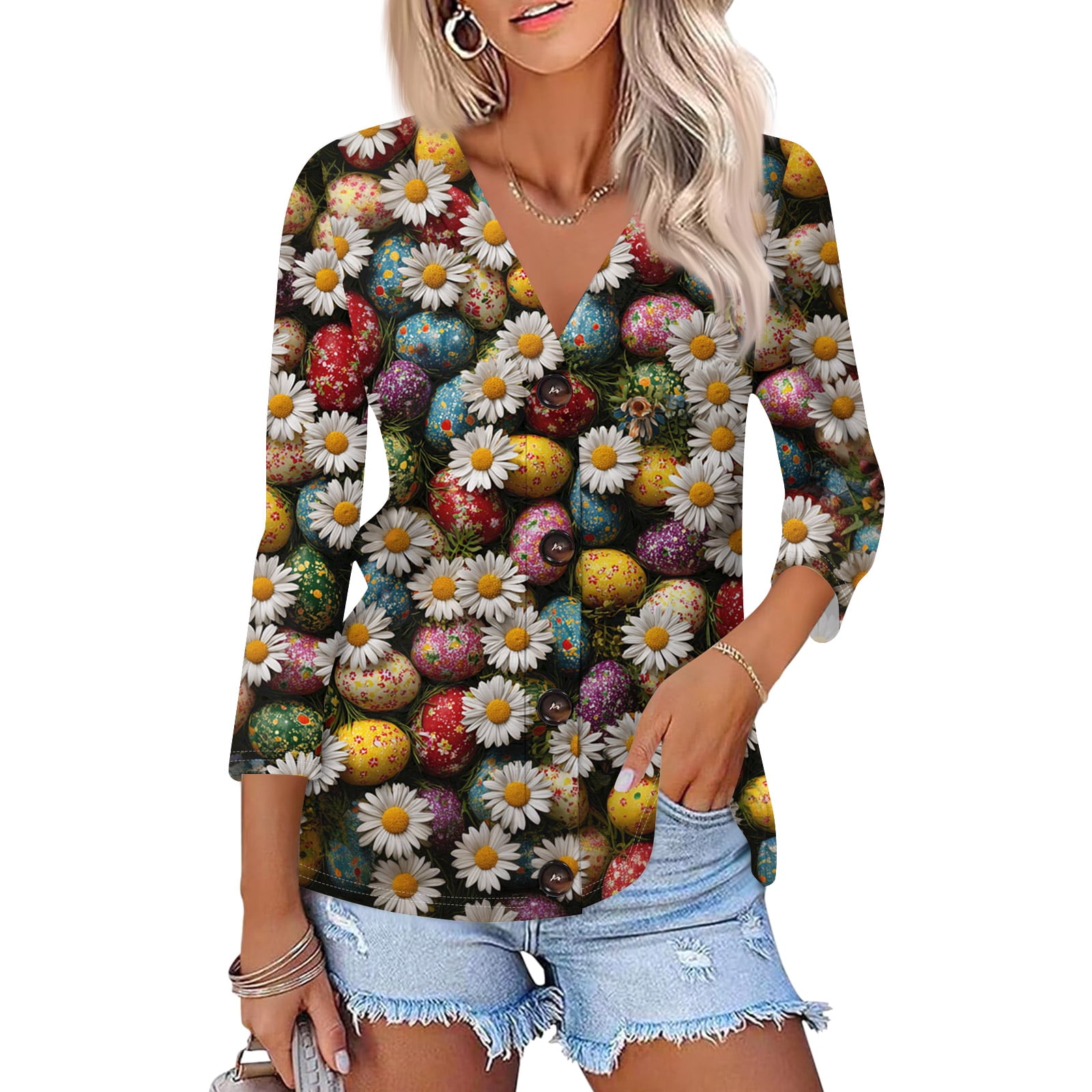 Dresfit Easter Shirts for Women 2026 Baggy 3/4 Sleeve Crewneck Tees ...