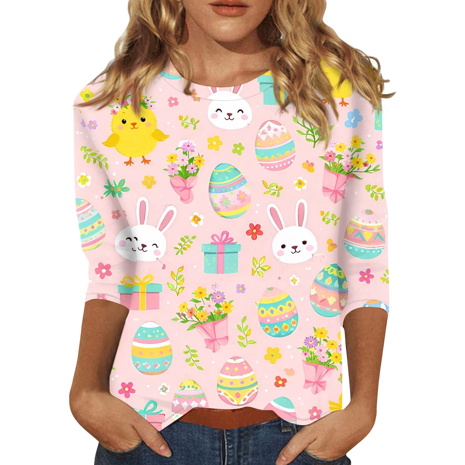 Dresfit Easter Shirts for Women 2026 Baggy Crewneck 3/4 Sleeve Tees ...