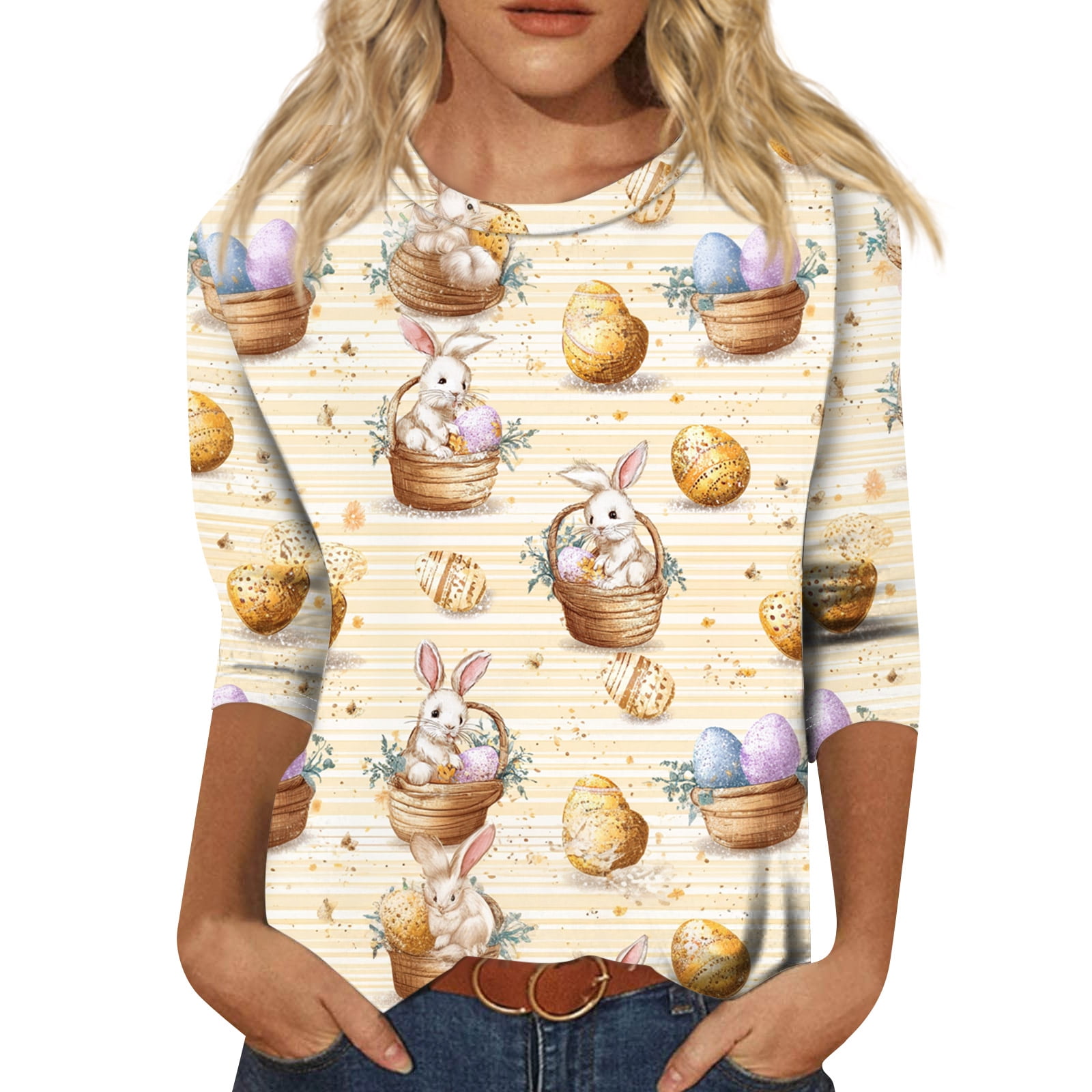 Dresfit Easter Shirts for Women Holiday Loose Fit Crewneck 3/4 Sleeve ...