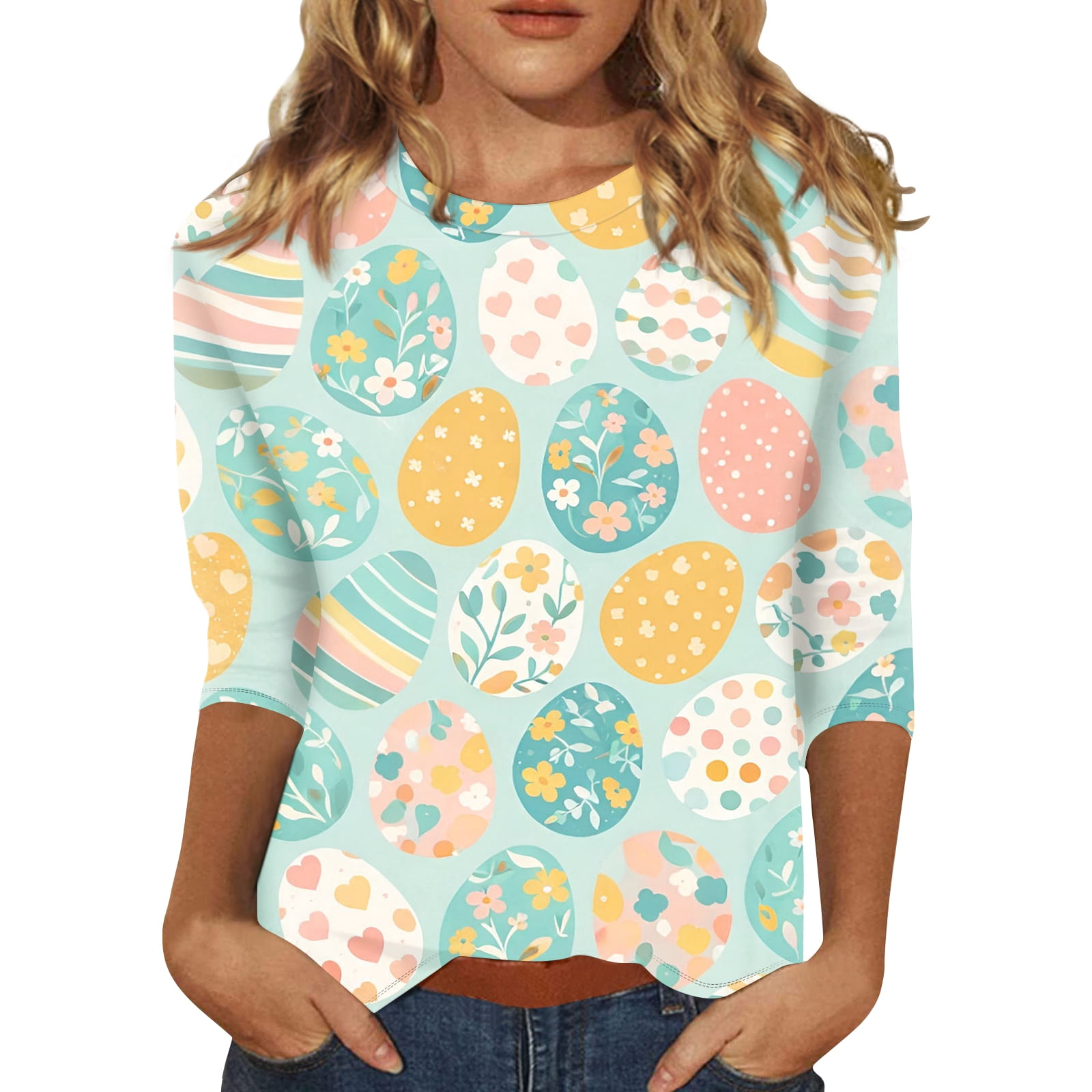Dresfit Easter Shirts for Women Holiday Strech 3/4 Sleeve Crewneck Tops ...