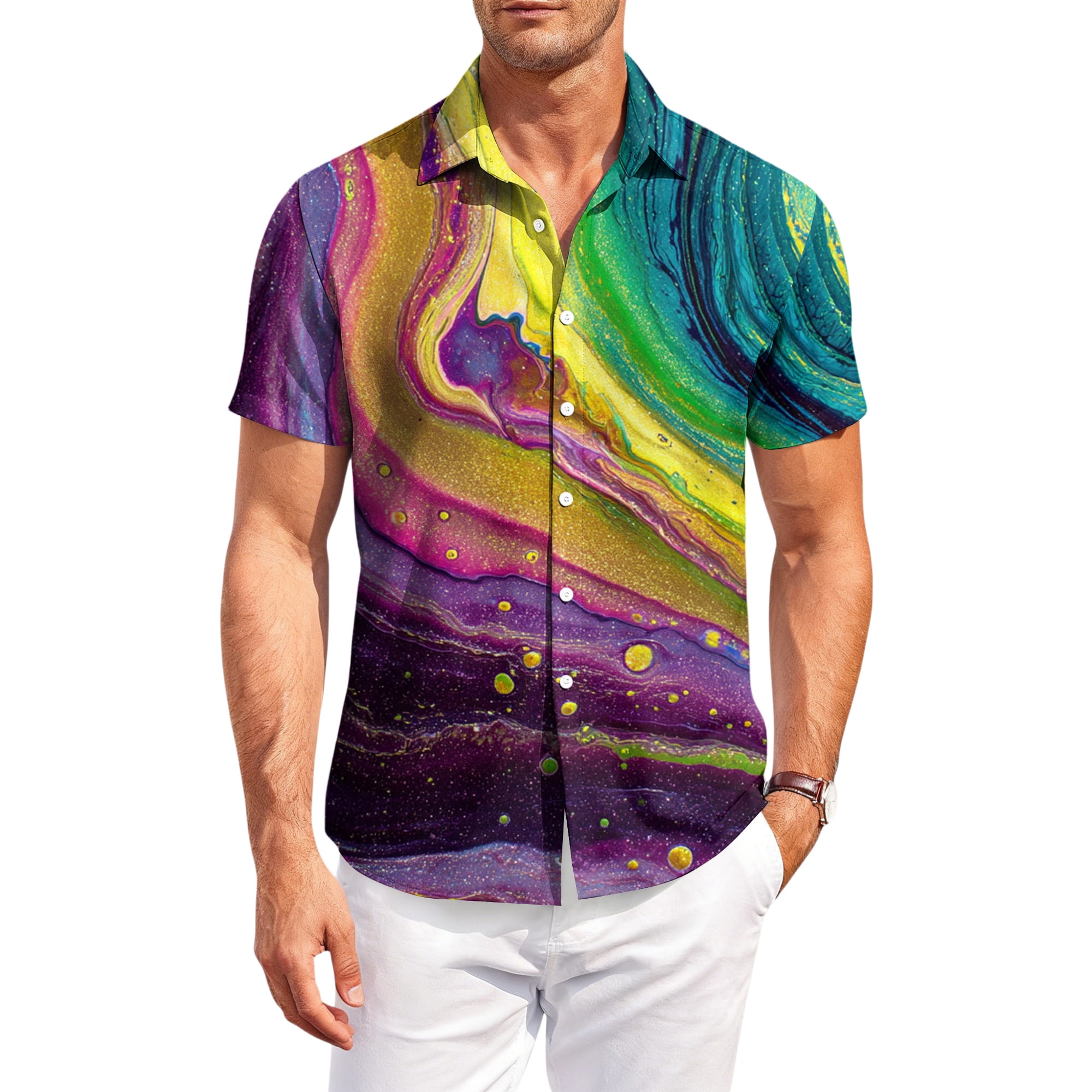 Dresfit Hawaiian Shirts Men Button Down Short Sleeve Polo Shirt Spring ...