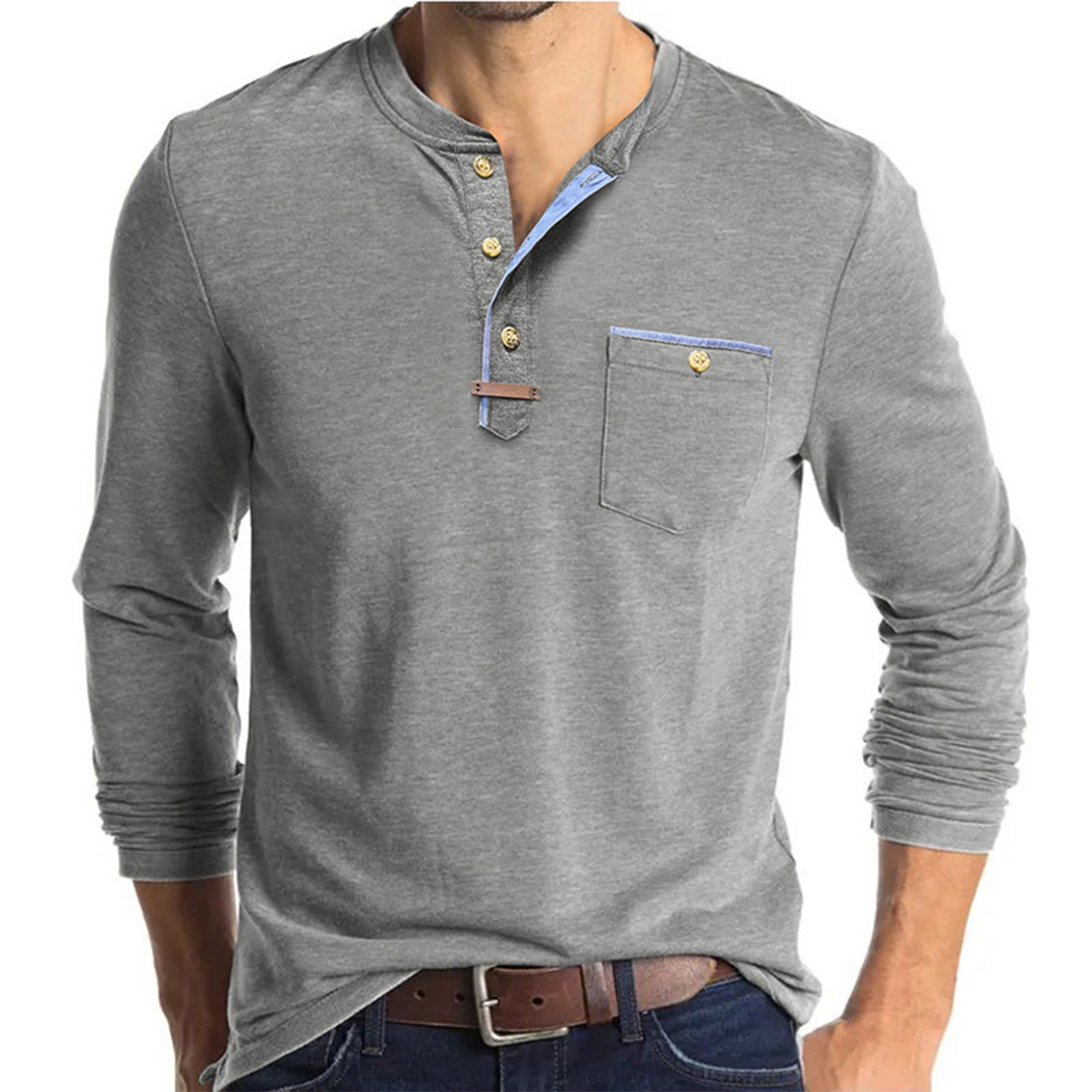 Dresfit Henley Shirt Mens Long Sleeve Collarless Work Shirts with Chest ...