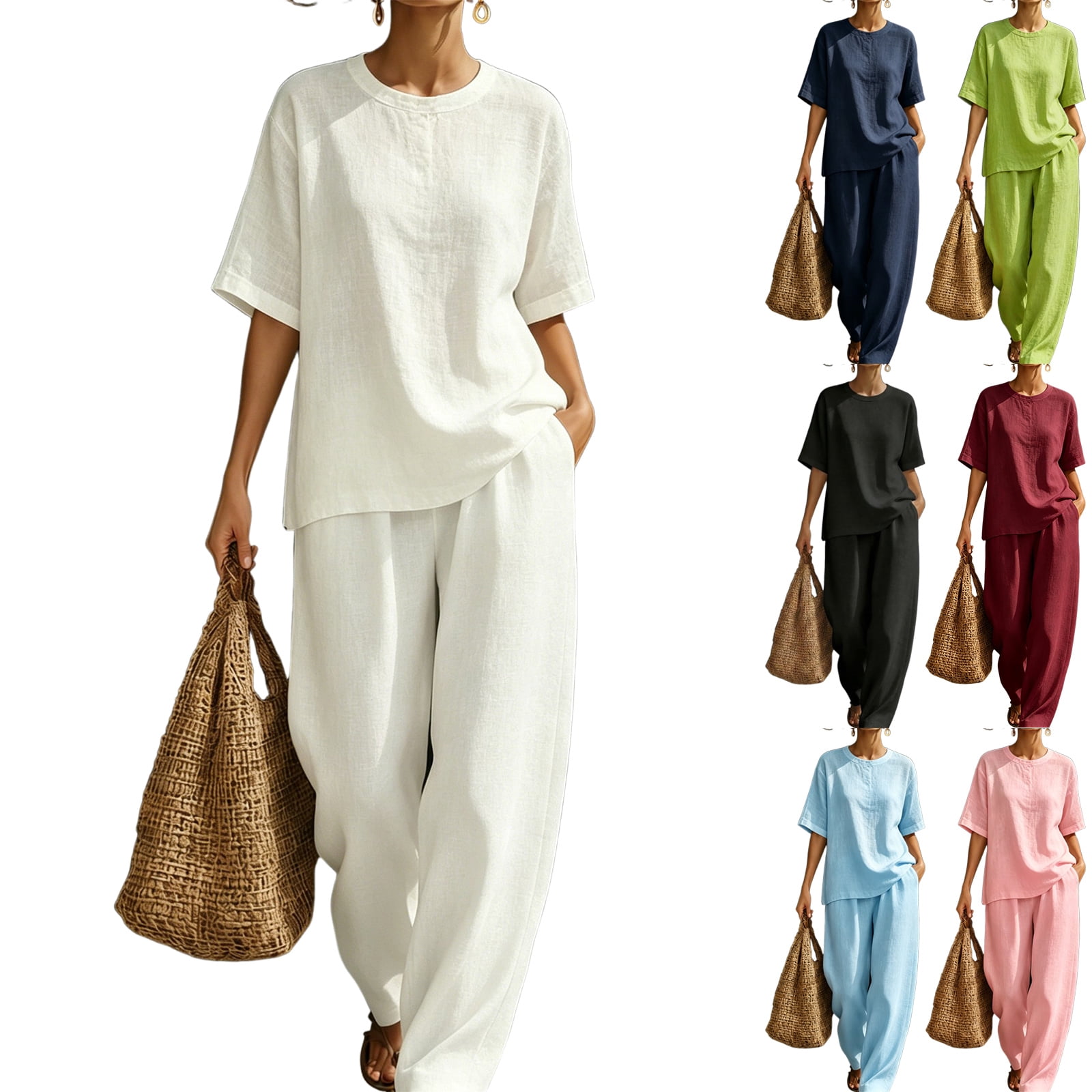 Dresfit Linen Outfits Women Crew Neck Short Sleeve Polo Shirts & Pants ...