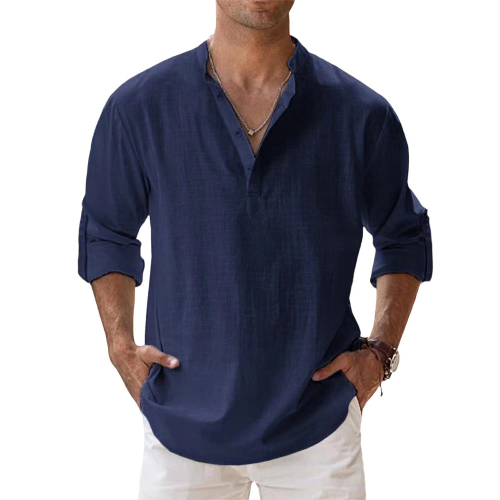 Dresfit Linen Shirts Men Henley Button Shirt Spring Slim Fit Solid Long ...