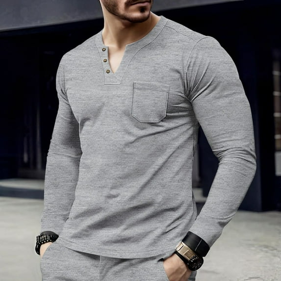 Dresfit Long Sleeve Shirts Mens Chest Pocket Henley Shirt Spring Plus ...