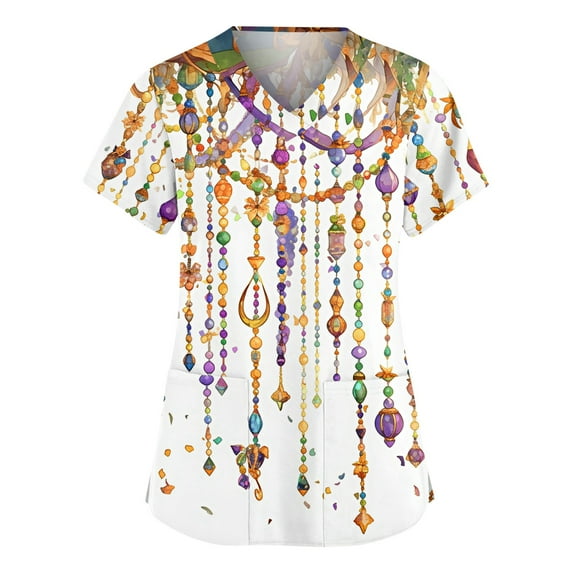 Dresfit Mardi Gras Scrub Tops for Woman Short Sleeve Graphic Uniforms ...
