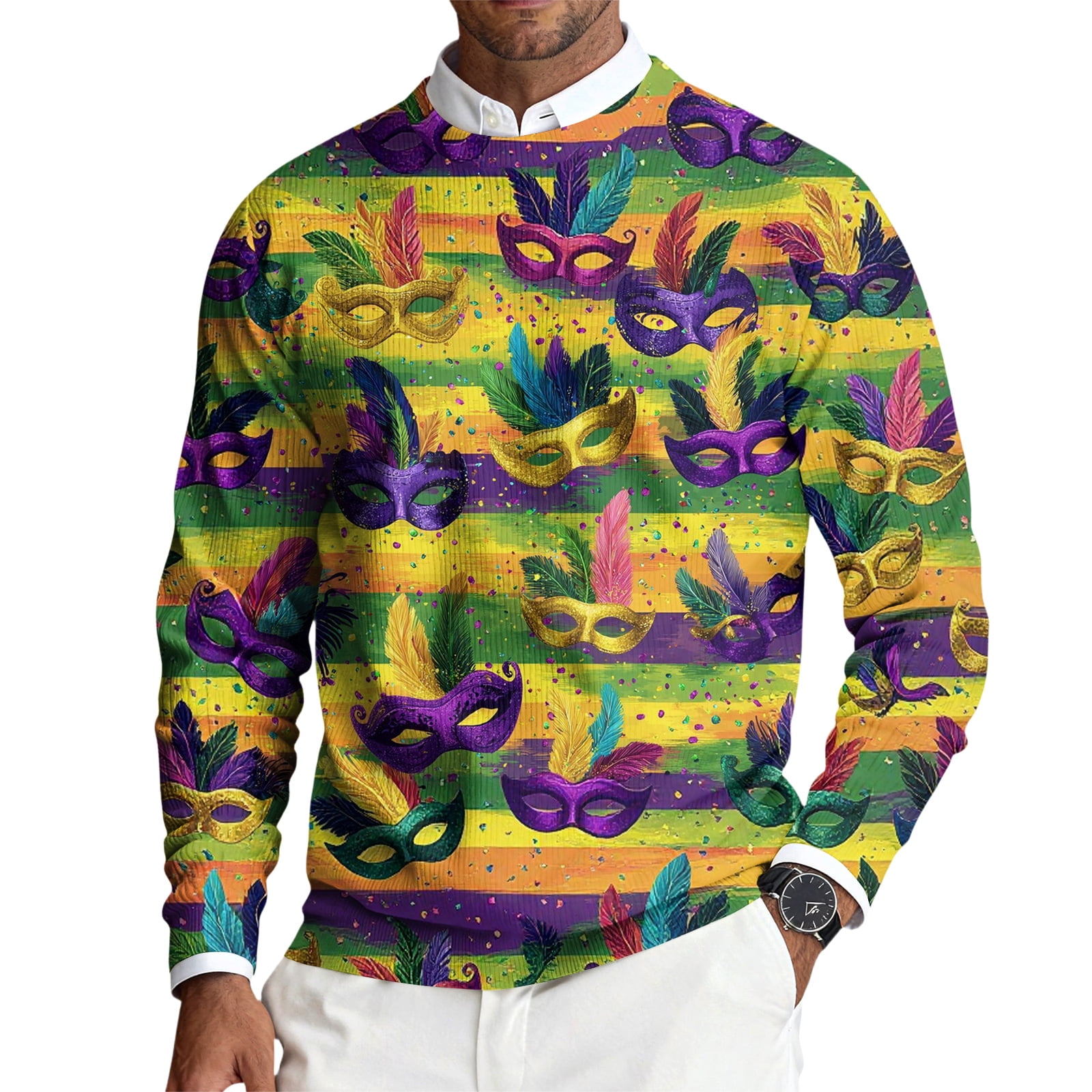 Dresfit Mardi Gras Shirts Men Carnival Mask Printed Crew Neck Party ...
