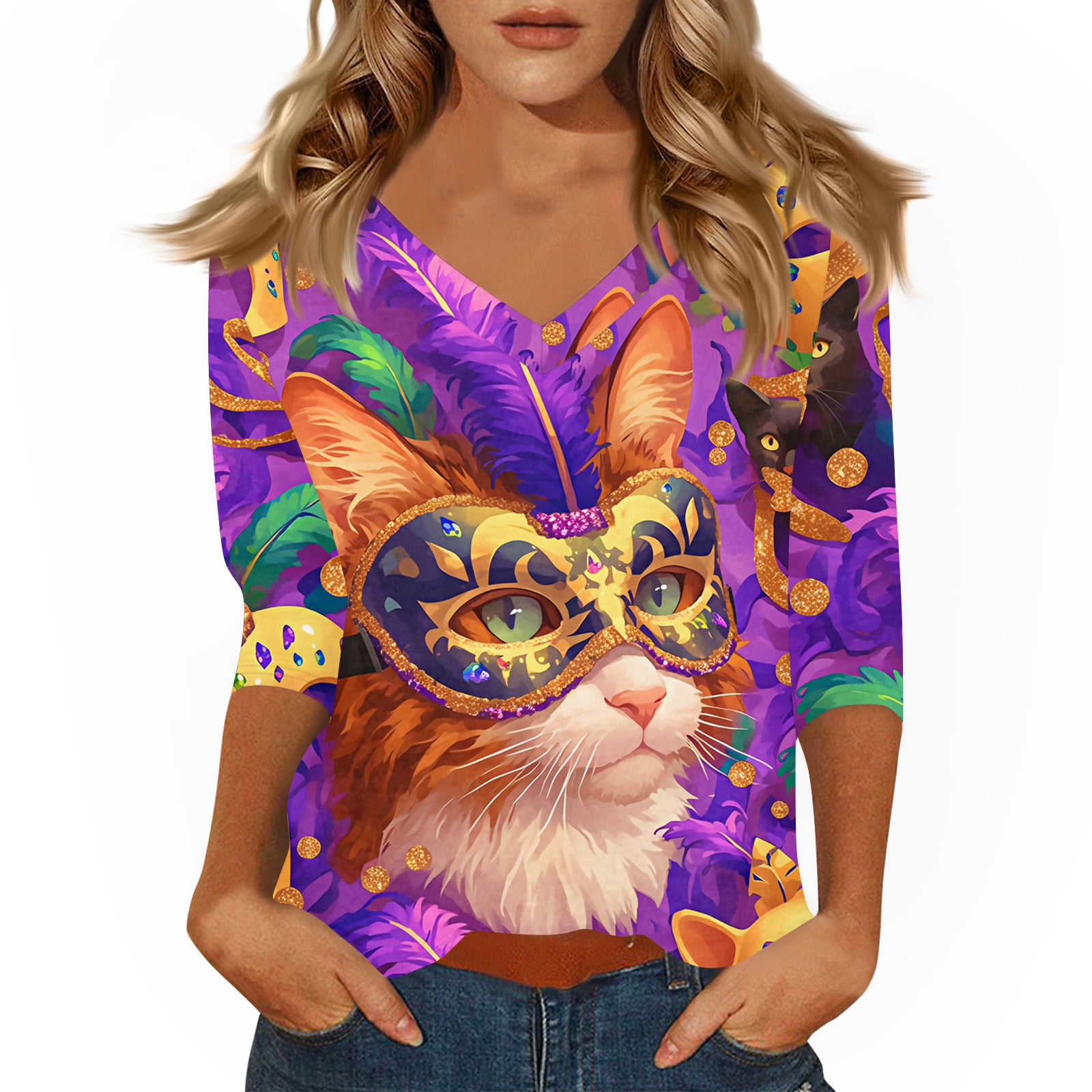 Dresfit Mardi Gras Shirts for Woman 3/4 Sleeve Graphic Party T-Shirt ...