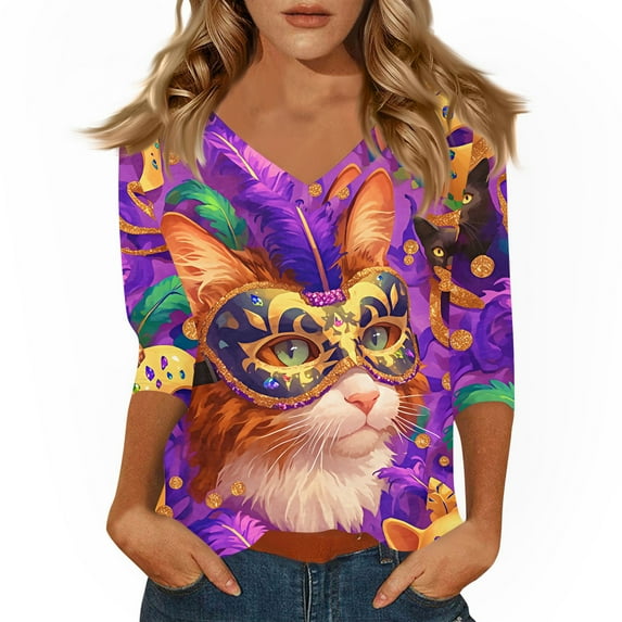 Dresfit Mardi Gras Shirts for Woman 3/4 Sleeve Graphic Party T-Shirt ...