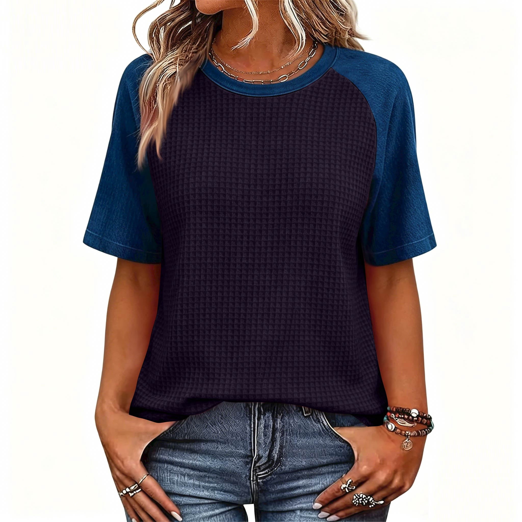 Dresfit Shirts Women Denim Short Sleeve Waffle Knit Tops 2026 Summer ...
