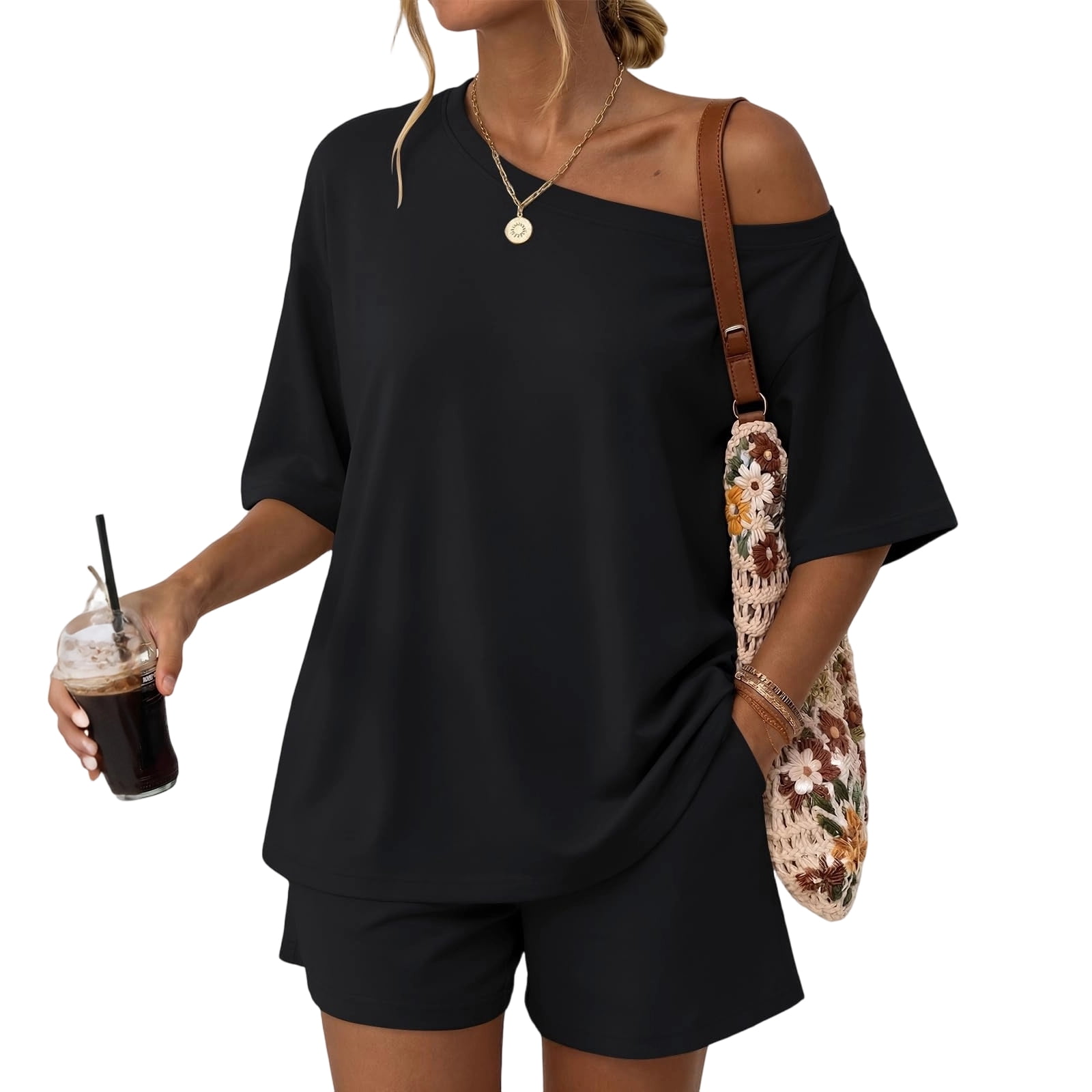 Dresfit Shorts Sets for Women Off Shoulder Short Sleeve Crew Neck Tops ...