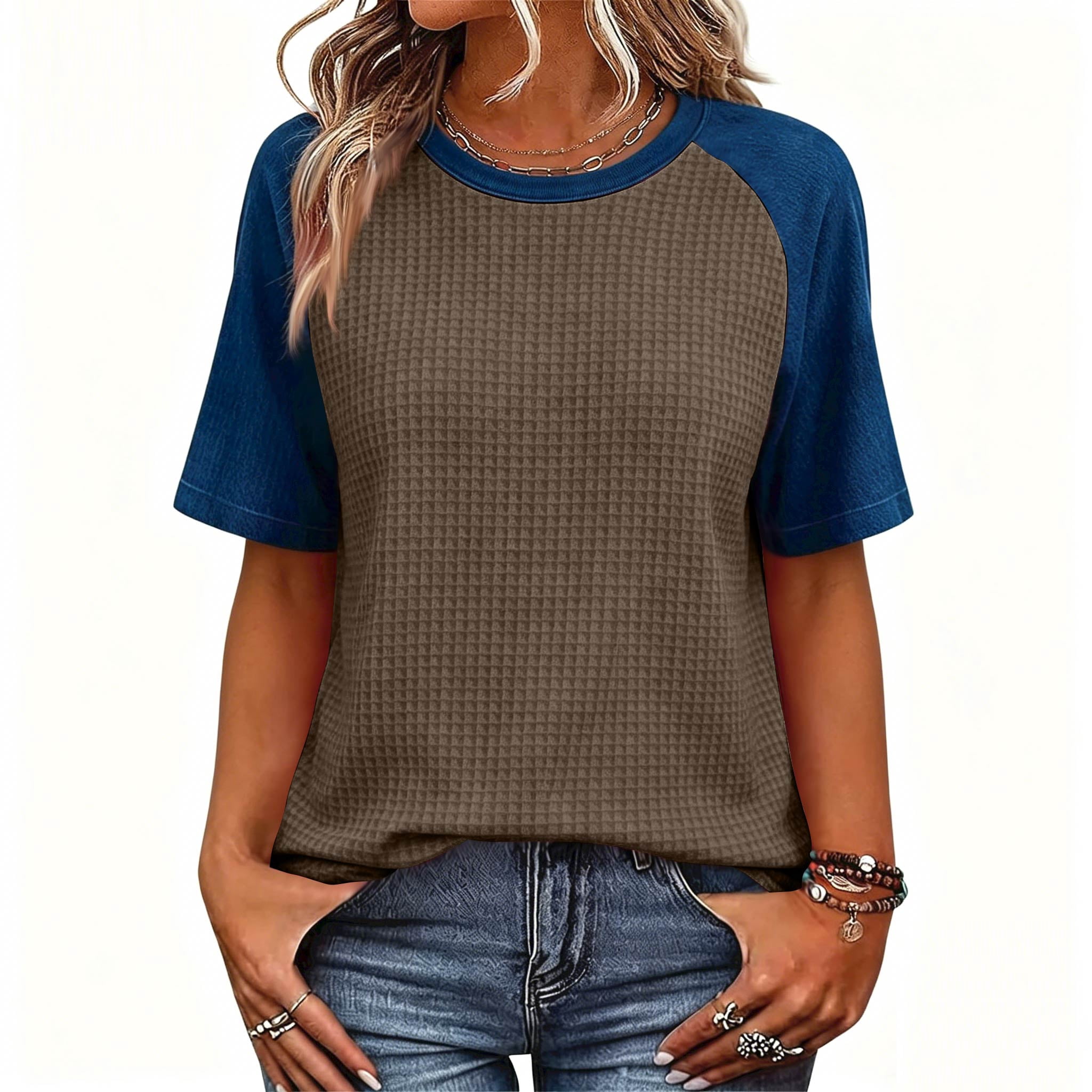 Dresfit Tops Women Crewneck Waffle Knit Shirts Summer 2026 Denim Short ...