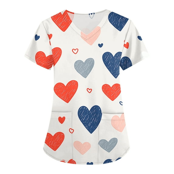 Dresfit Valentines Scrub Tops for Women Short Sleeve Love Heart Printed ...