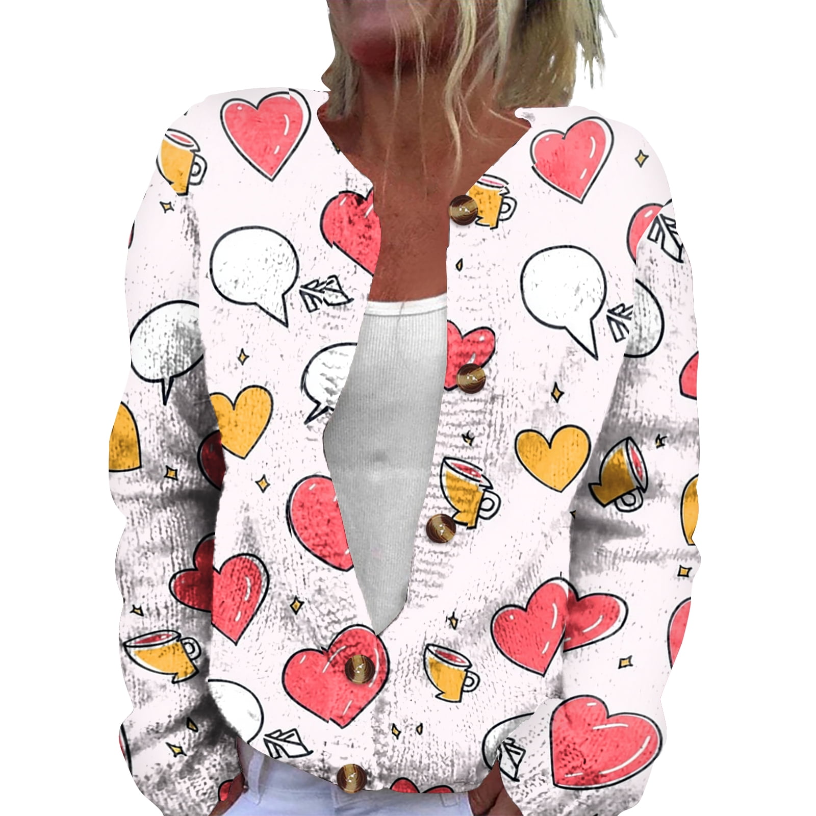 Dresfit Valentines Sweater Women Heart Print Knitted Jacket 2026 Open ...