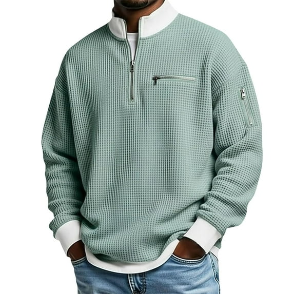 Dresfit Waffle Sweater Men Textured Long Sleeve Polo Sweatshirt Winter ...