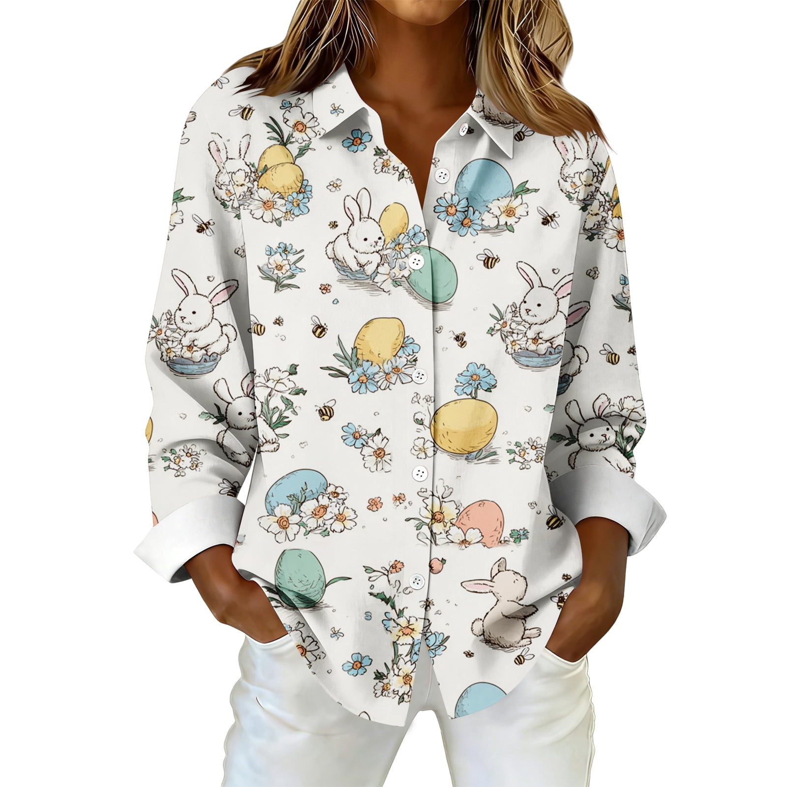 Dresfit Womens Easter Tops Button Down Long Sleeve V Neck Blouses ...
