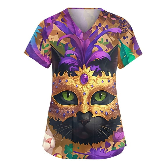 Dresfit Womens Mardi Gras Nursing Tops V Neck Short Sleeve Scrub Tops ...