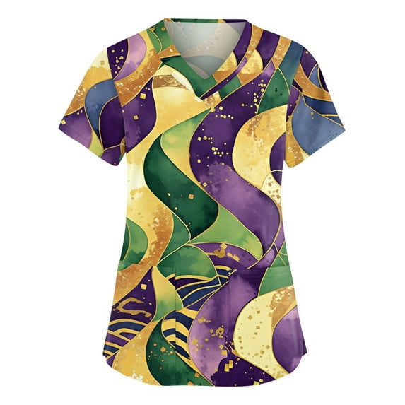 Dresfit Womens Mardi Gras Scrub Tops Graphic Short Sleeve Nursing ...