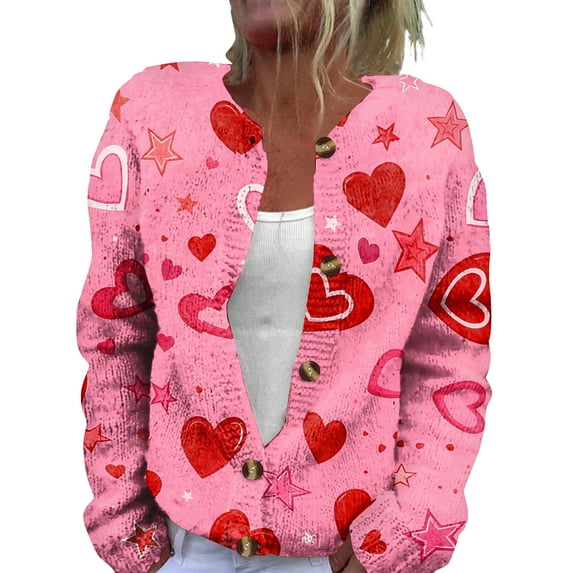 Dresfit Womens Valentines Cardigan Open Front Heart Print Sweater 2026 ...