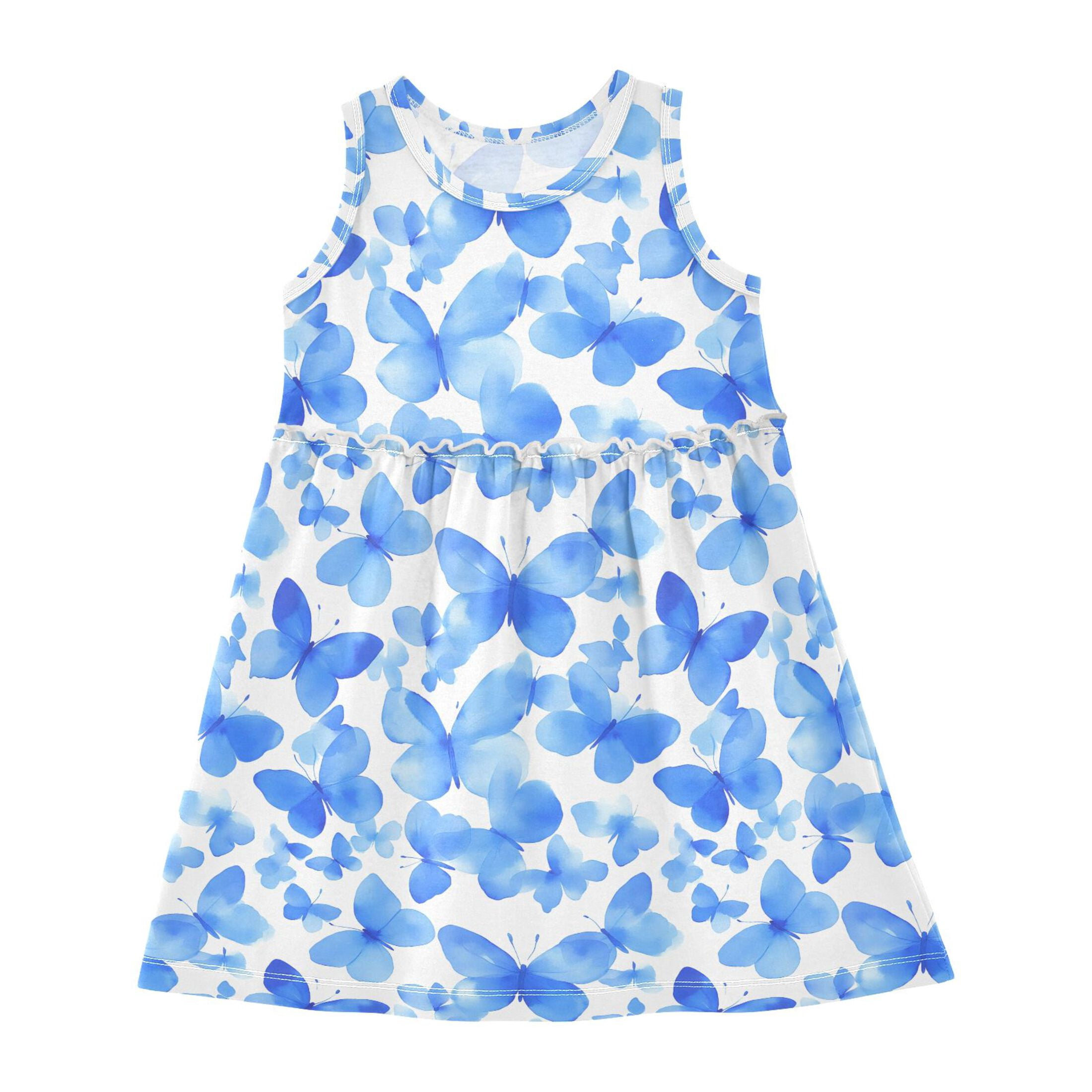 Dress Butterfly Tile Flat Blue Sleeveless Dress for Hem A-Line Casual ...