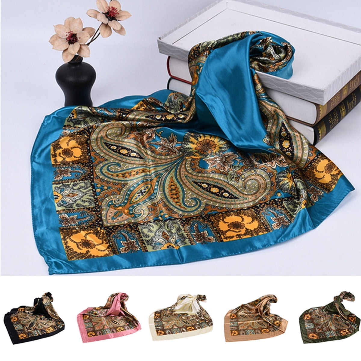 Dress Choice Retro Head Scarf Satin Large Square Hair Scarves Silk Soft ...