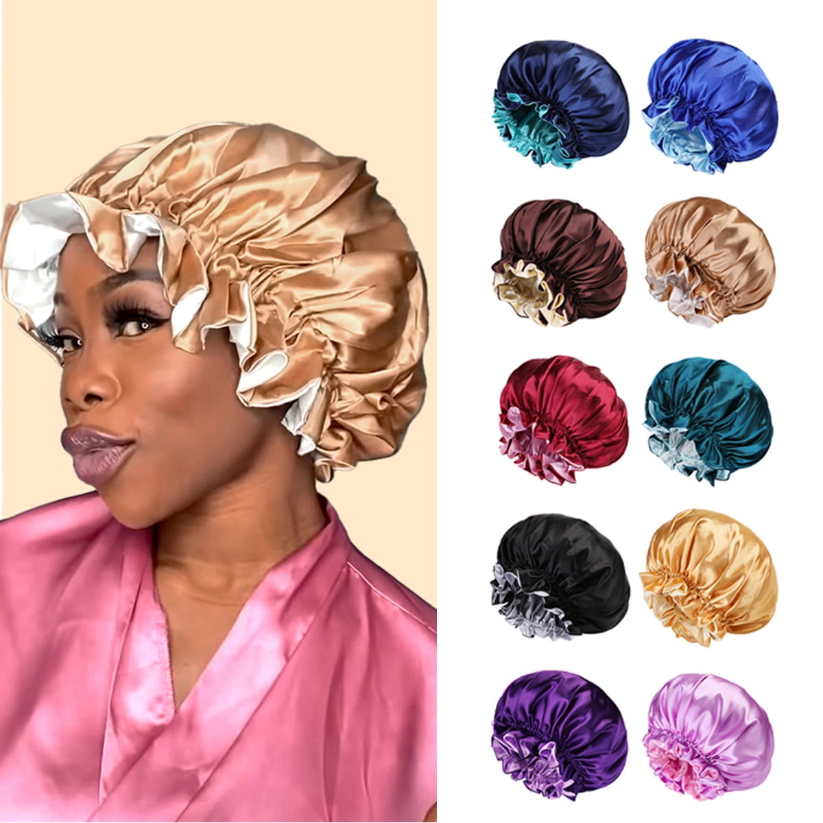 Dress Choice Women Satin Bonnets Waterproof Bath Cap Elastic Double ...