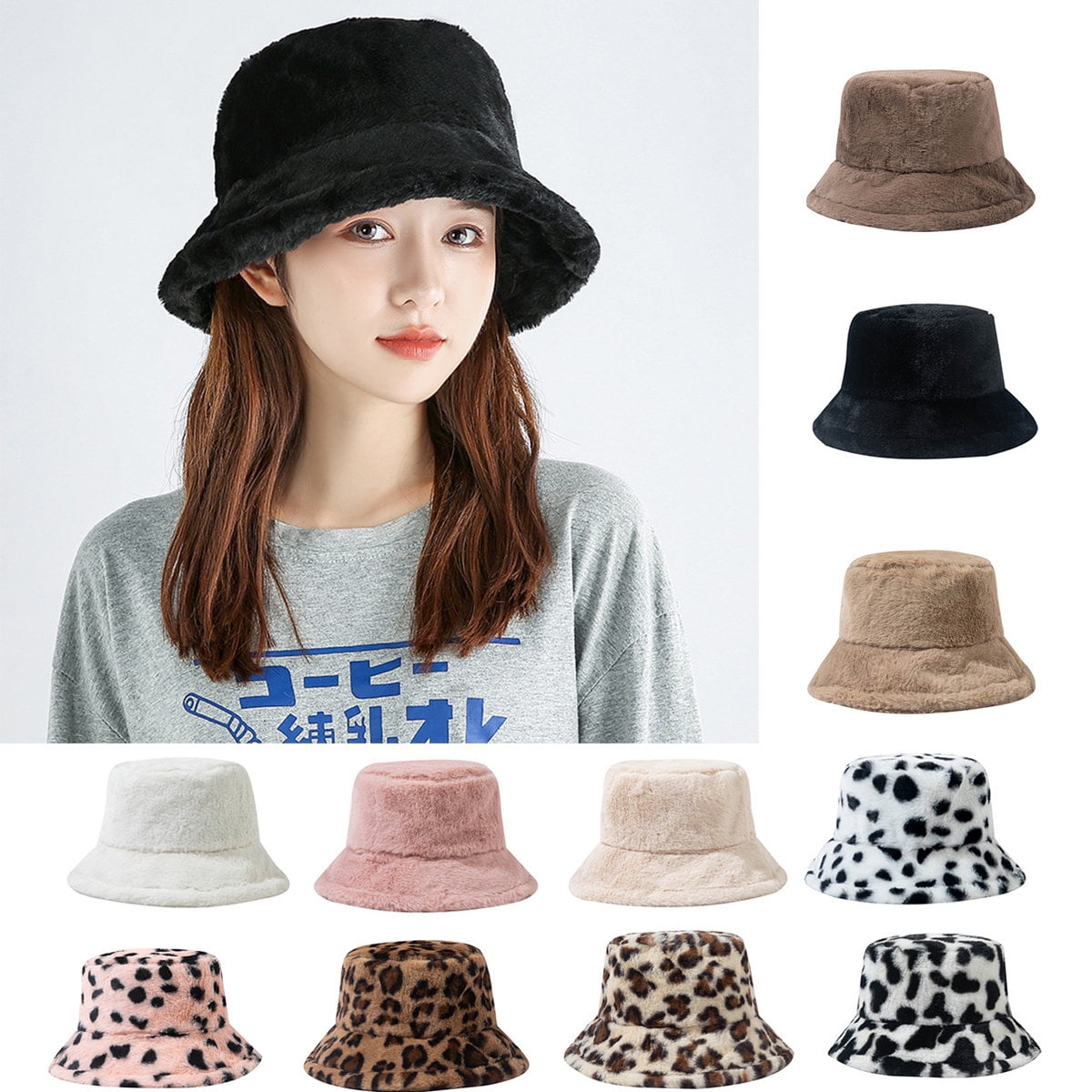 Dress Choice Women Winter Plush Bucket Hat Fluffy Warm Hat Leopard ...