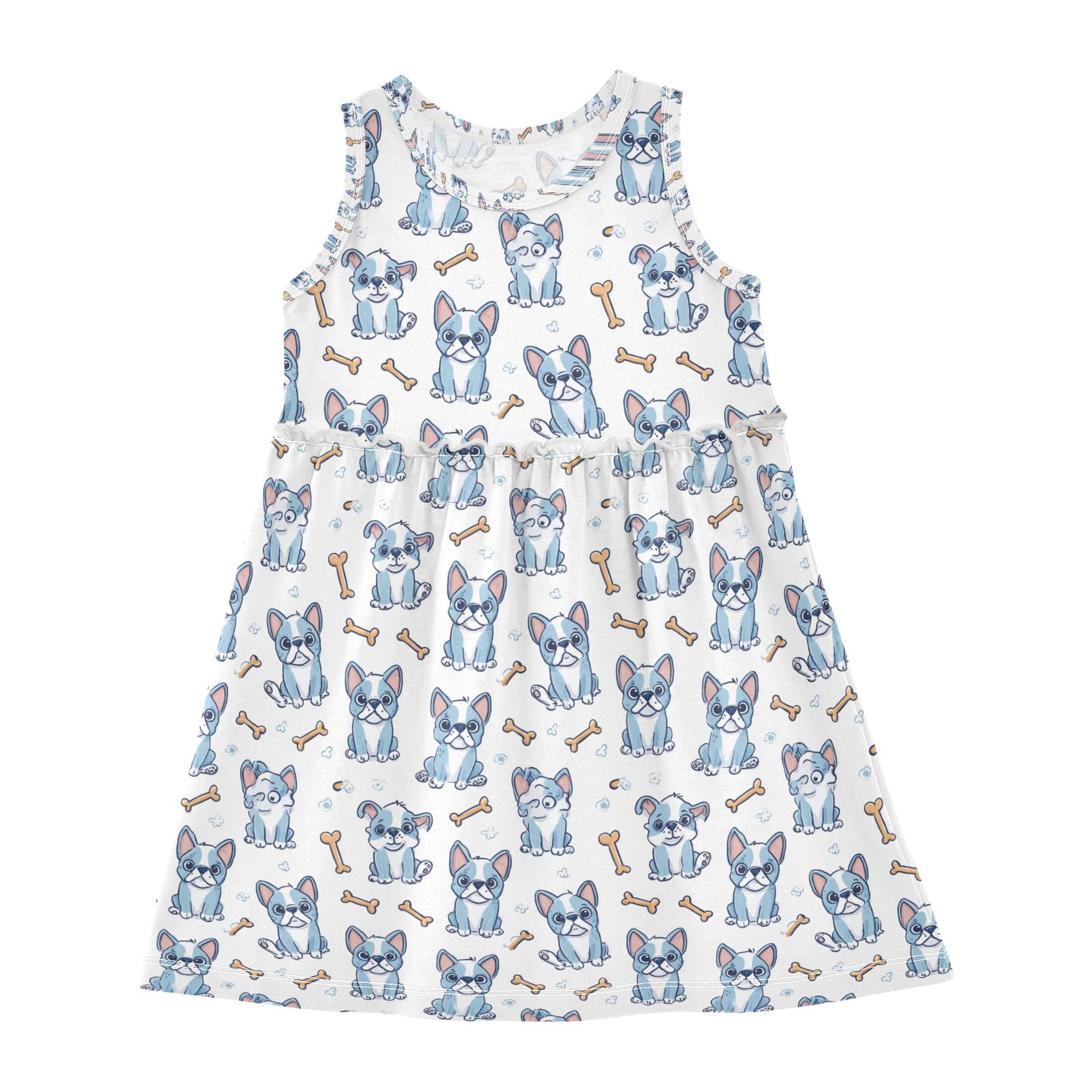 Dress Cute Cartoon French Bulldog and A Bone Sleeveless Dress for Hem A ...