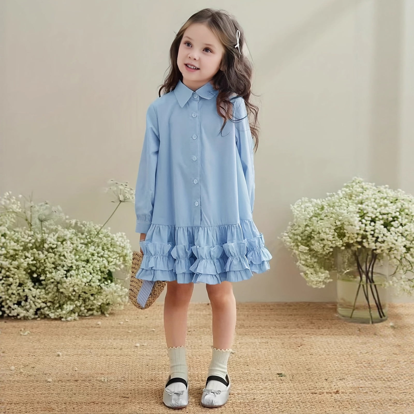 Dress For Girls Girls Dresses Preppy School Uniform Dress for Girl with Ruffle Hem Casual Long ...