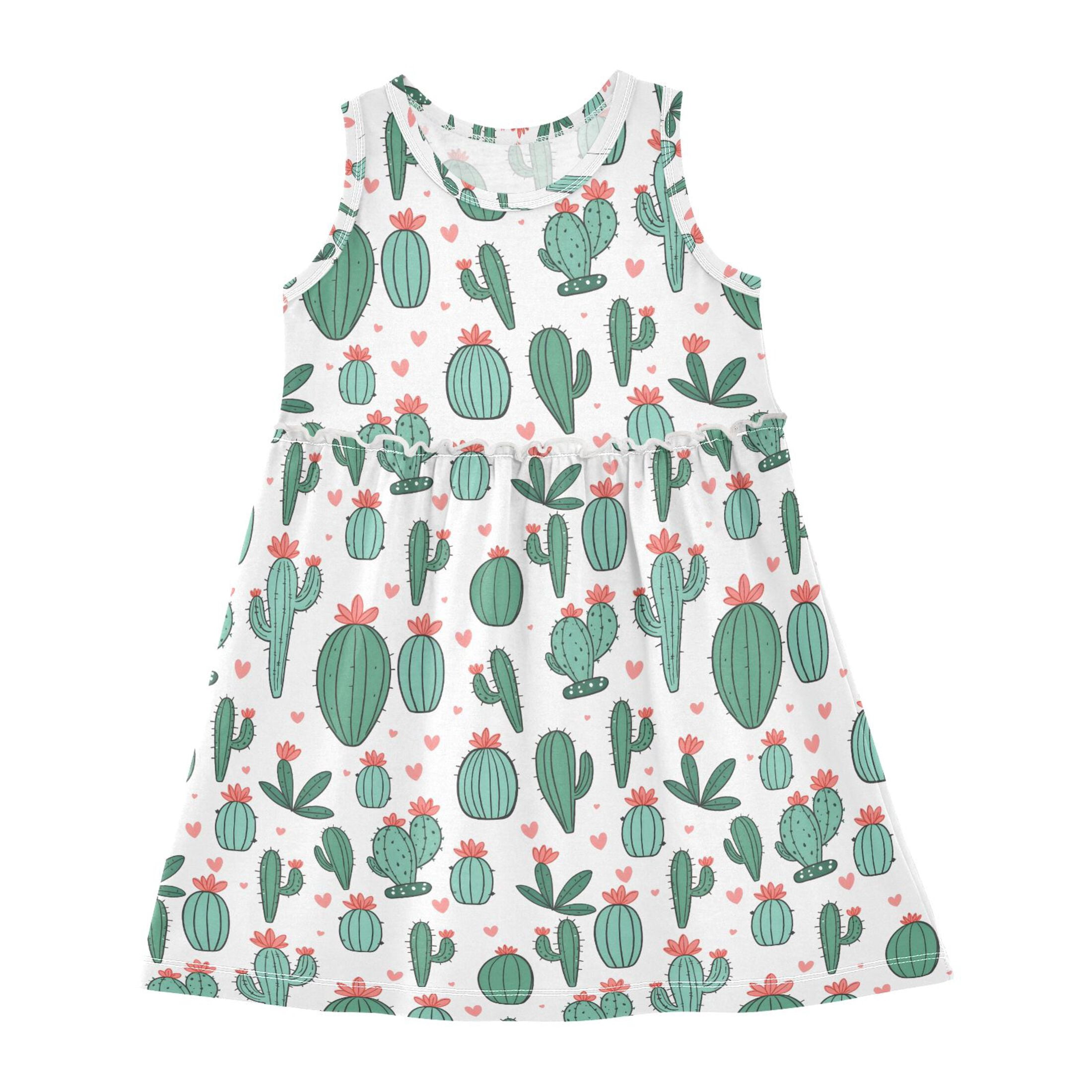 Dress Green Flower Cactus Sleeveless Dress for Hem A-Line Casual ...