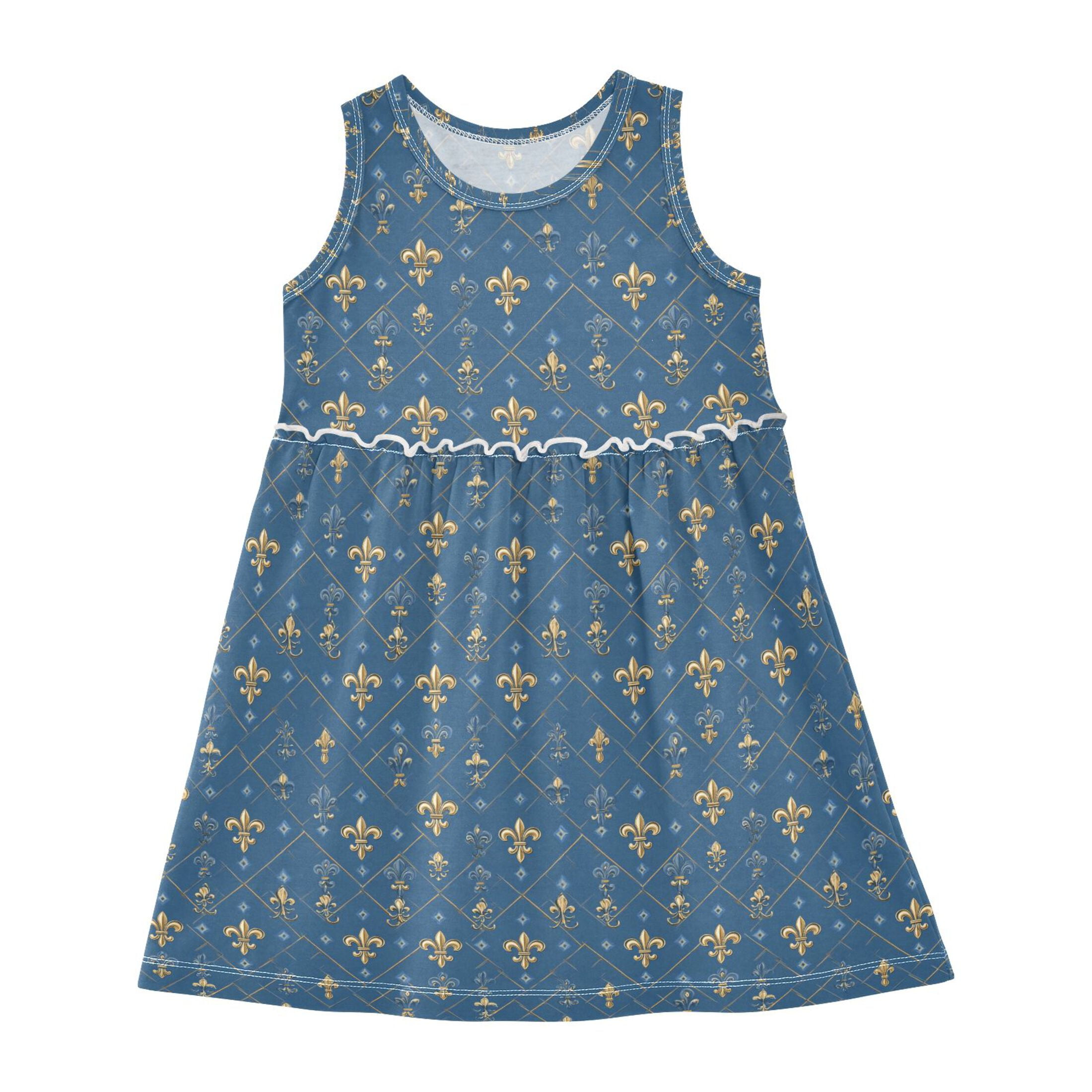 Dress Lily Flower Gold and Blue Sleeveless Dress for Hem A-Line Casual ...