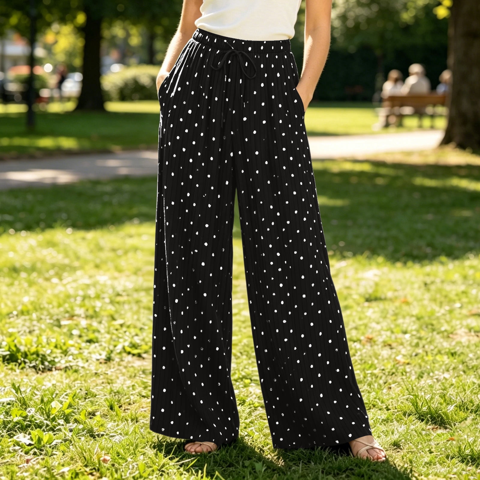 Dress Pants Women Women's Polka Wide Leg Pants with Pockets Elastic ...