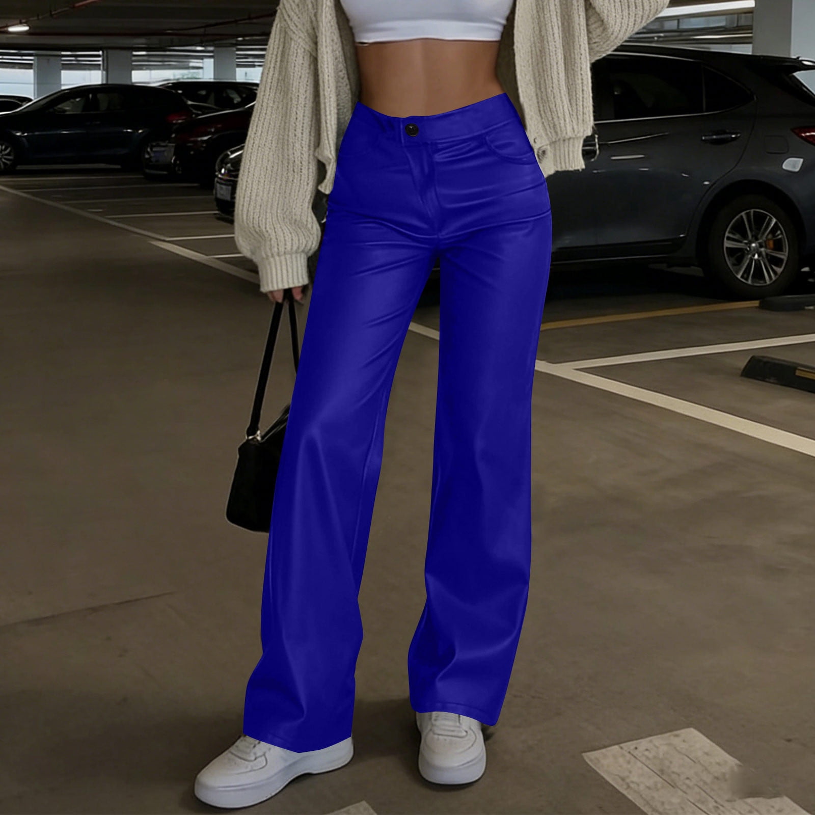 Dress Pants for Women High Waisted Business Casual PU Wide Leg Full ...