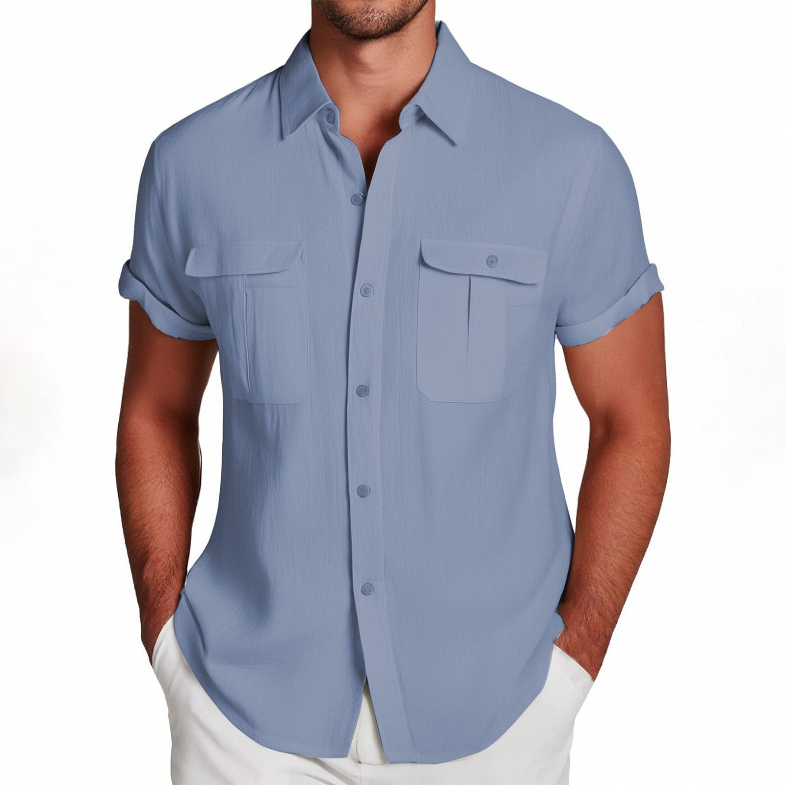 Dress Shirts for Men Casual Solid Button Down Double Pocket Short ...
