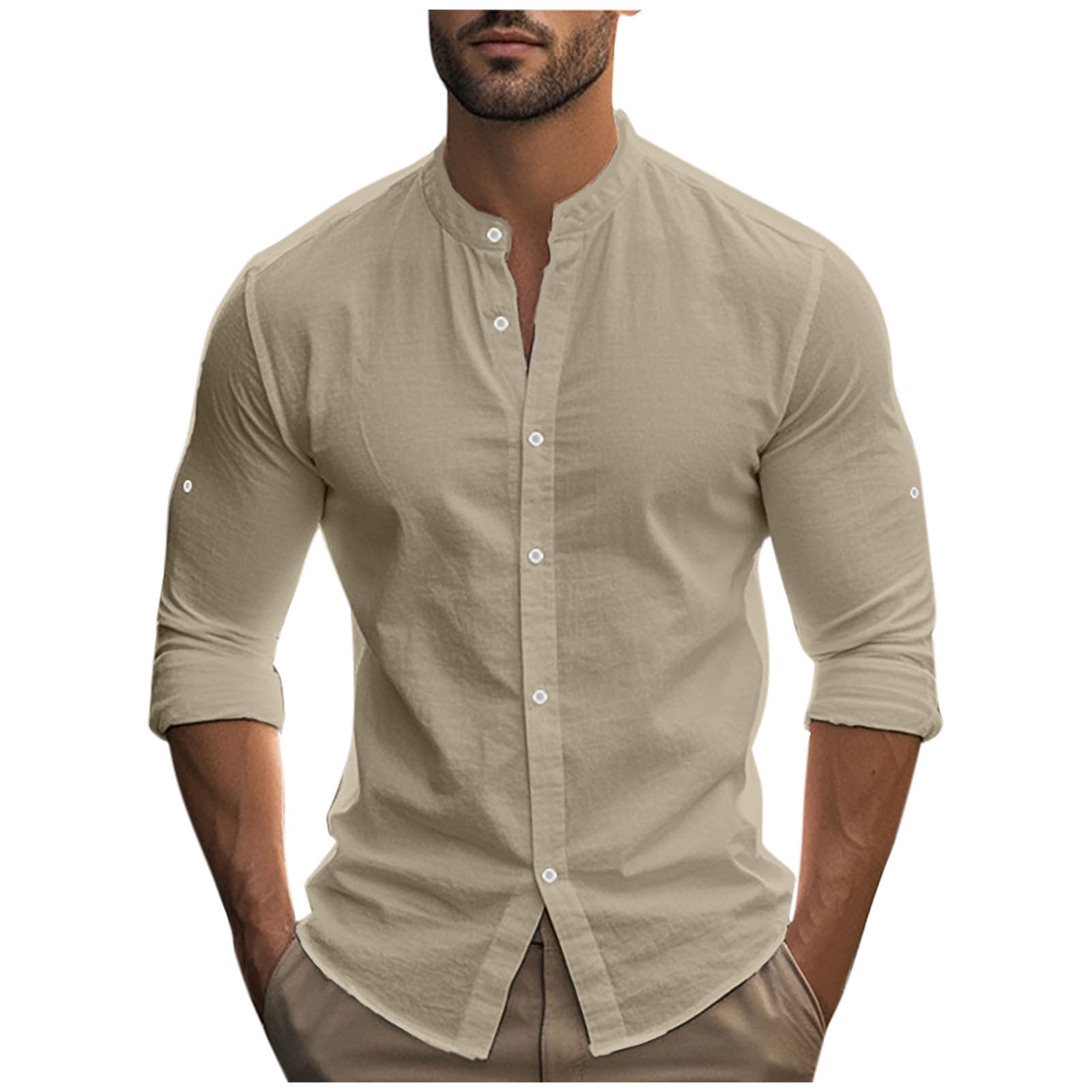 Dress Shirts for Men Cotton Linen Long Sleeve Button Down Banded Collar ...