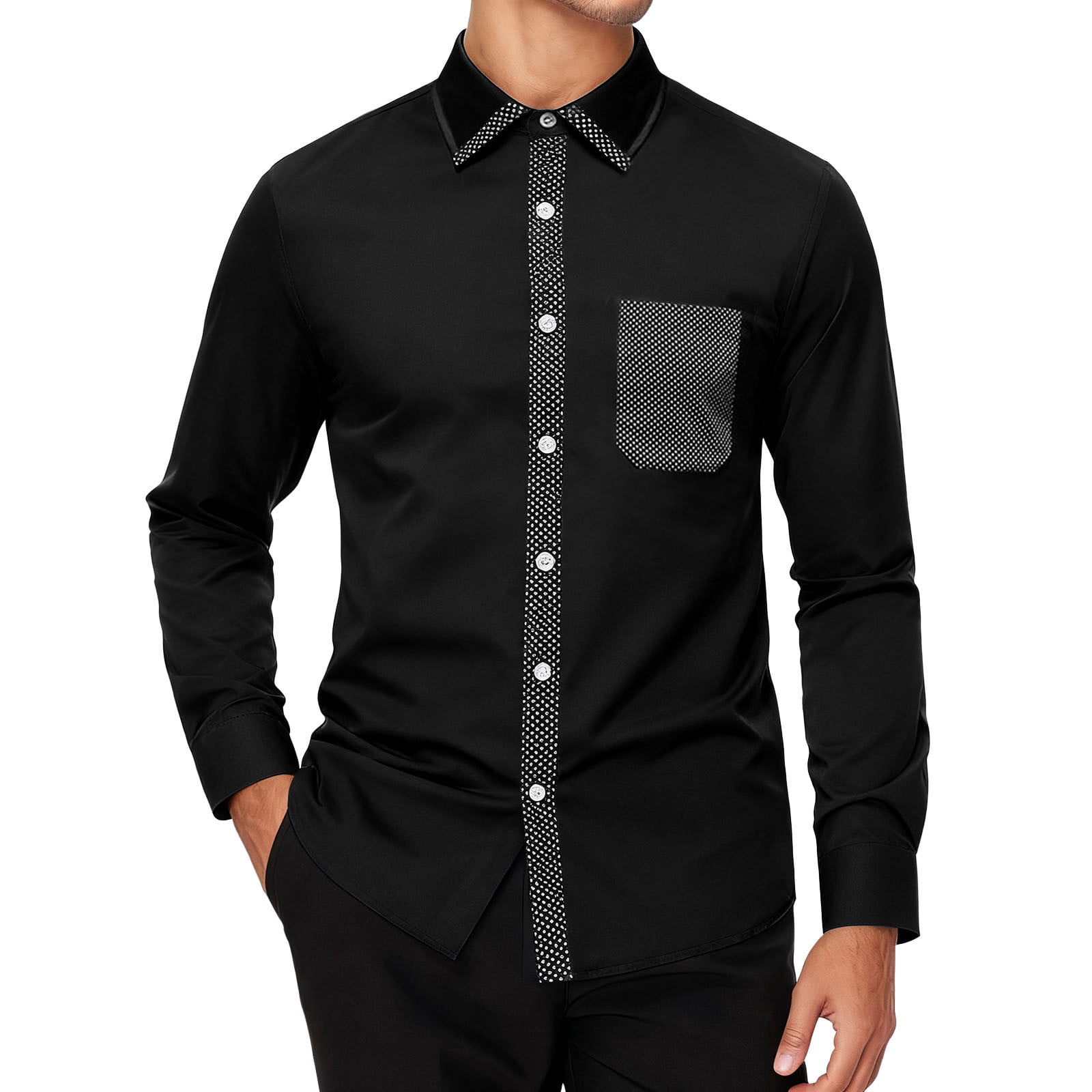 Dress Shirts for Men Solid Color Block Pocket Slim Fit Formal Stand ...