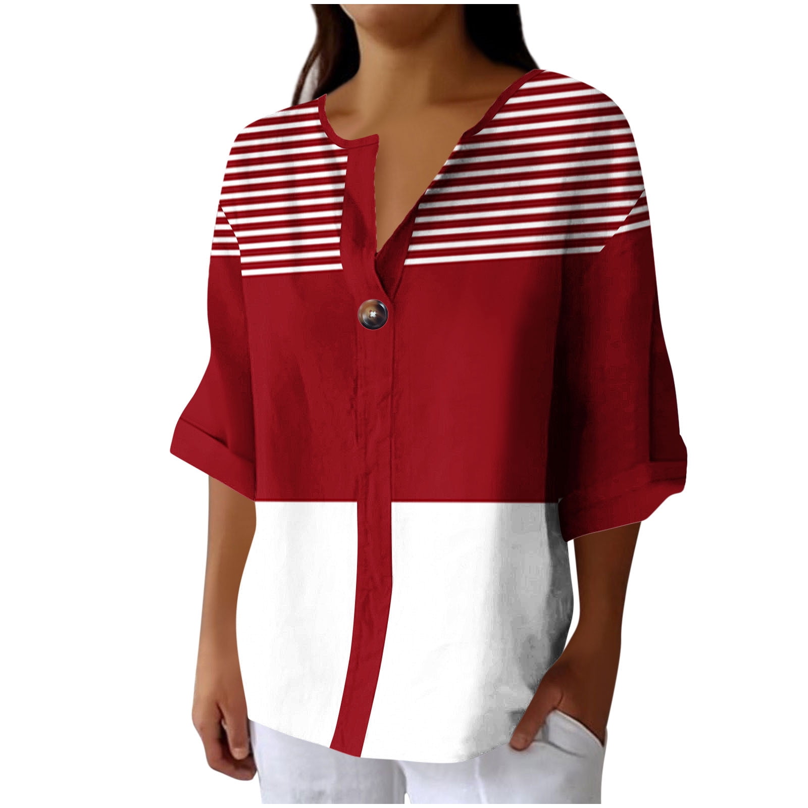 Dress Shirts for Women Block Color V Neck 3/4 Sleeve Button Tops Summer ...