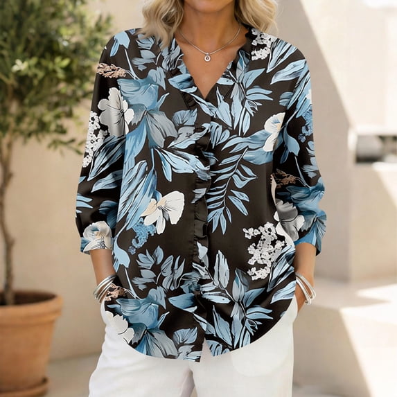 Dress Shirts for Women Ruffle V Neck 3/4 Length Sleeve Tops Ladies ...