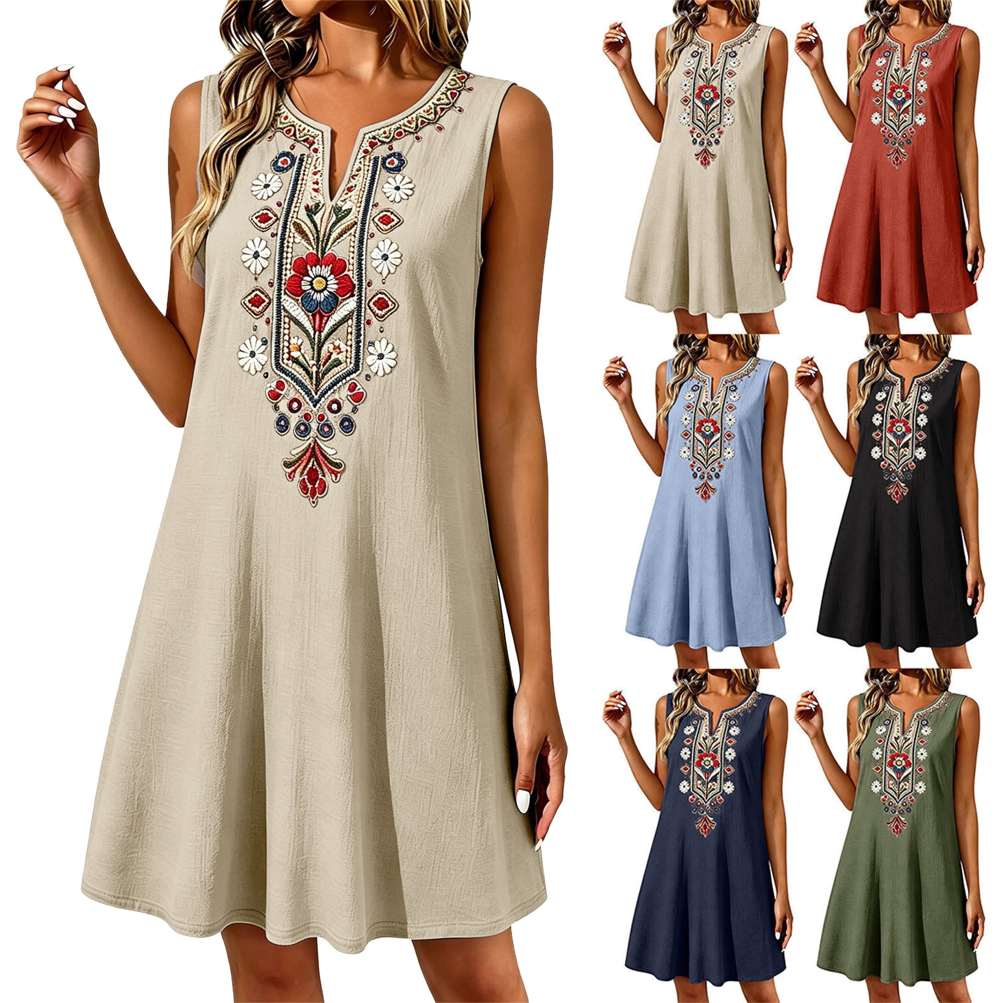 Dress Summer Casual Women's Summer Embroidered Boho Dress Casual V Neck ...