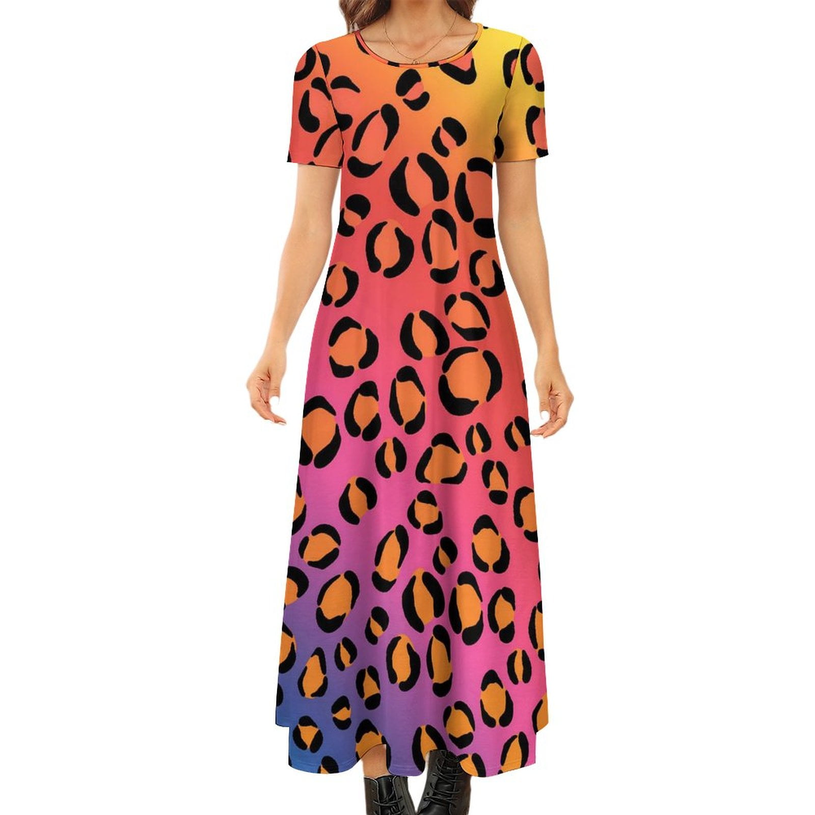 Dress Woman Black Leopard Print Streetwear Bodycon Dress Short Sleeve ...