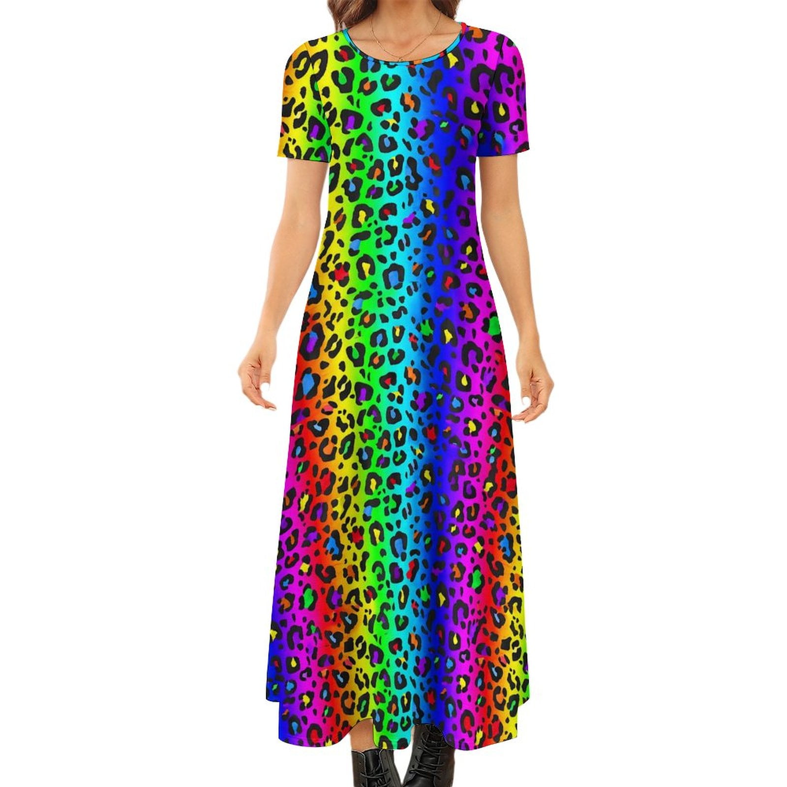 Dress Woman Black Leopard Print Streetwear Bodycon Dress Short Sleeve ...