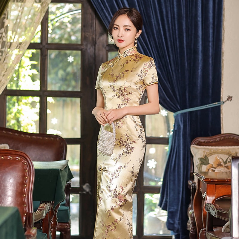 Dress Women Cheongsam Short Sleeve Front Split Vintage Long Dress Plum ...