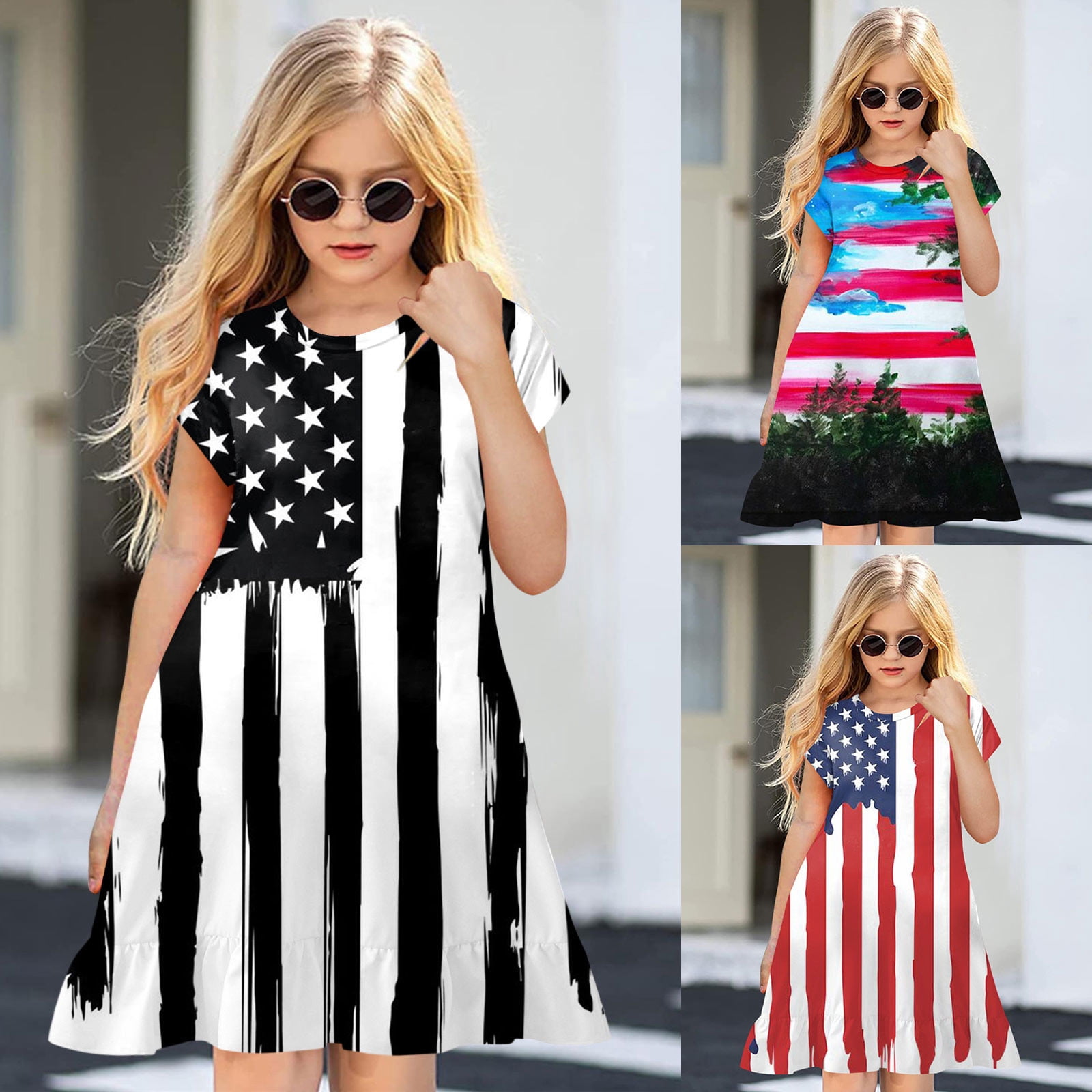 Dress for Girls Baby Independent Day Star Stripes Prints Short Sleeve ...