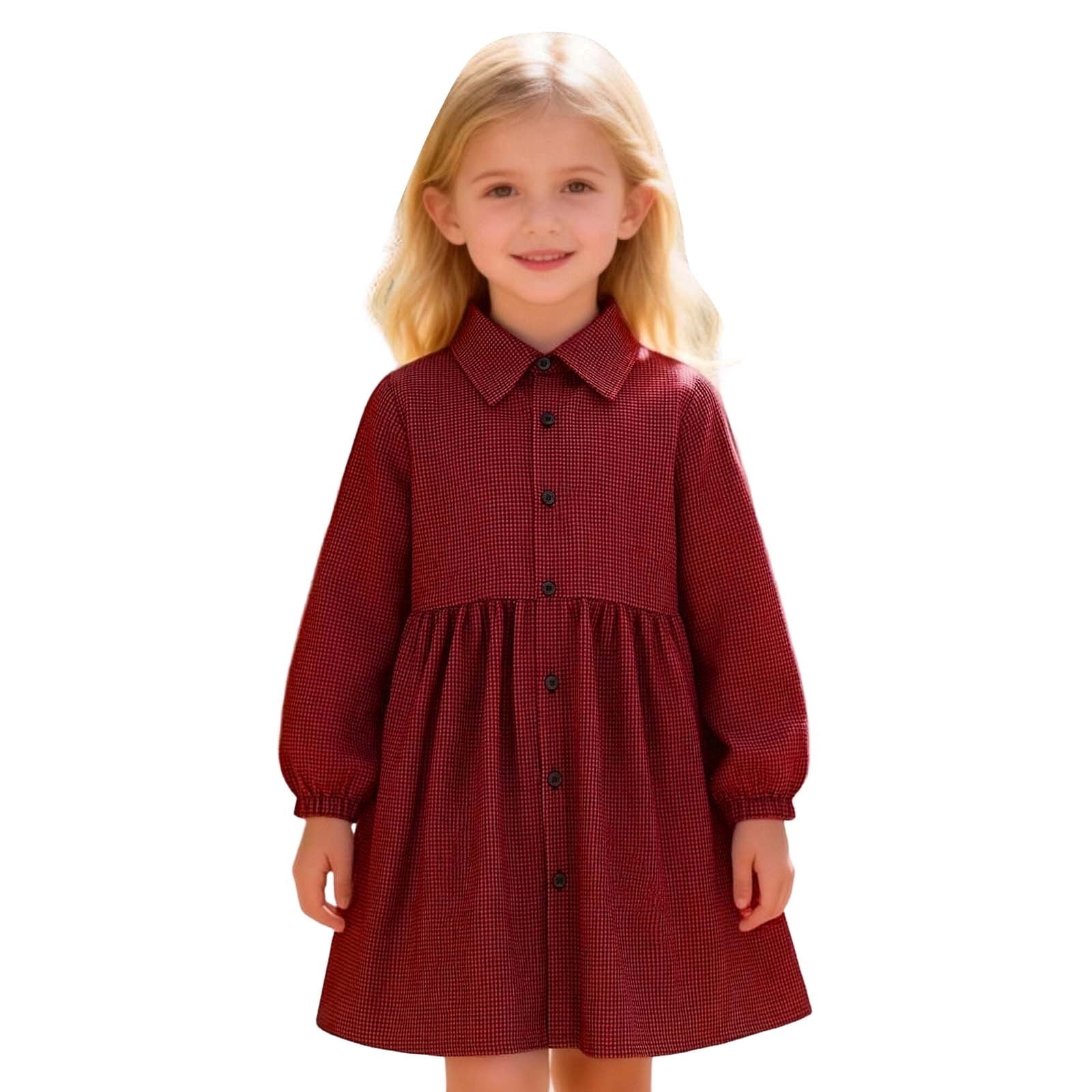 Dress for Girls Long Sleeve Plaid Prints Dance Party Clothes Solid ...