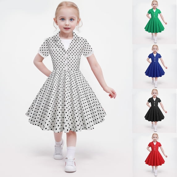 Dress for Girls Size 11-12Y Youth Polka Dot Vintage Short Sleeve Round ...