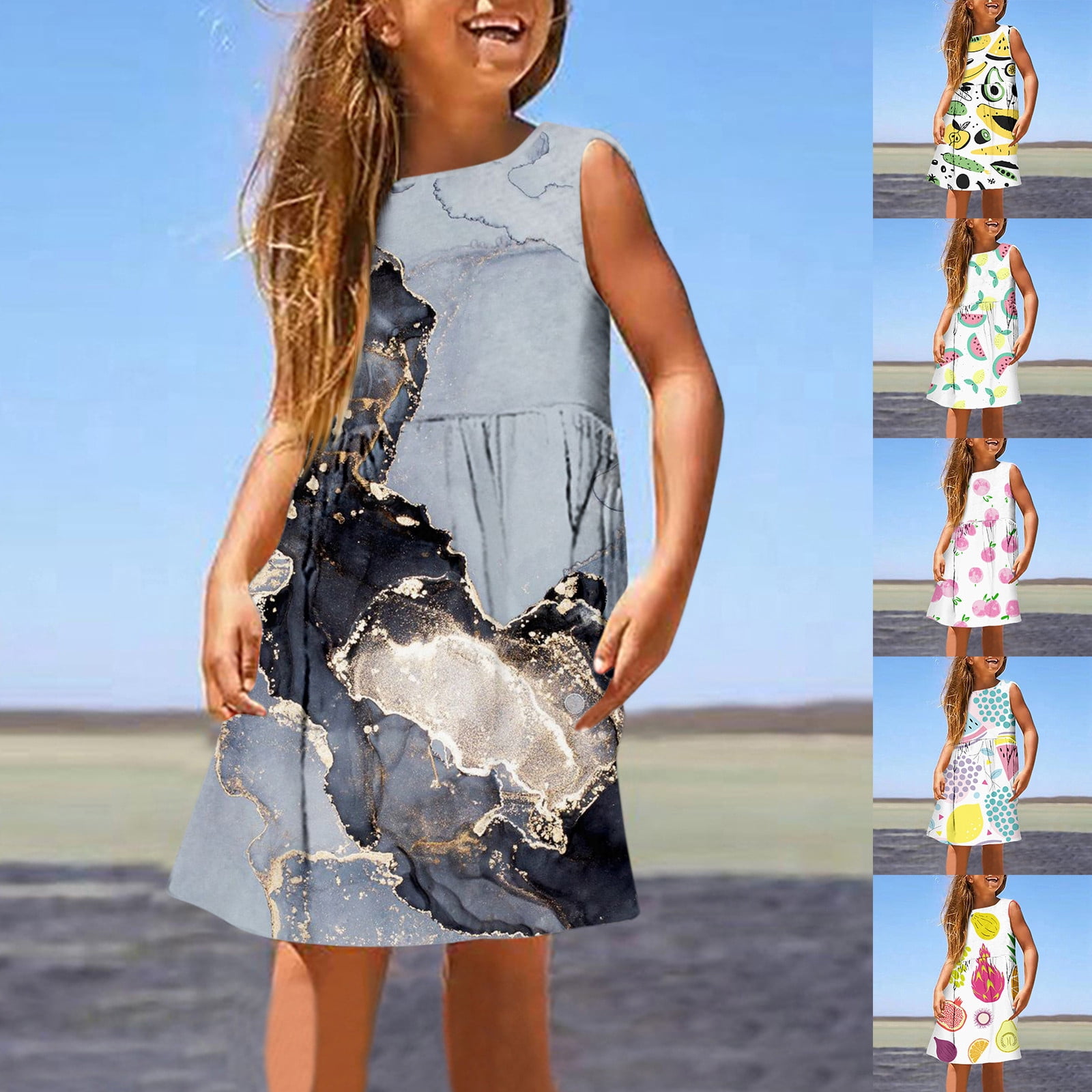 Dress for Girls Size 7-8Y Kids Printed Round Neck Sleeveless Casual ...