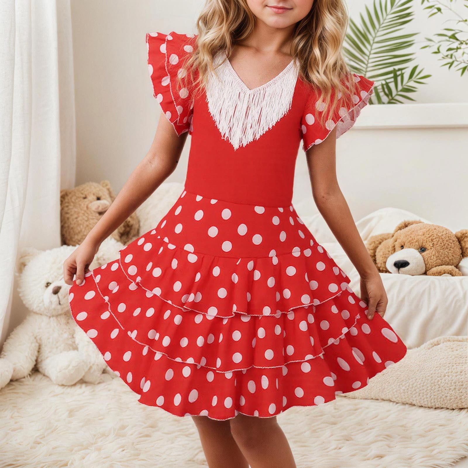 Dress for Girls Size 8-9Y Kids Flamenco Dance Flounce Polka Dot Flutter ...